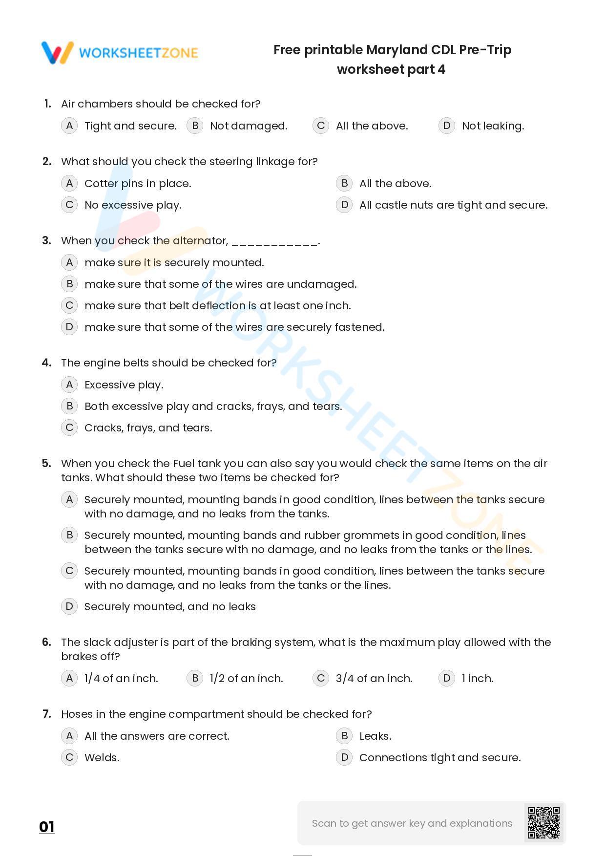 Free printable Maryland CDL Pre-Trip worksheet part 5 | Worksheet Zone