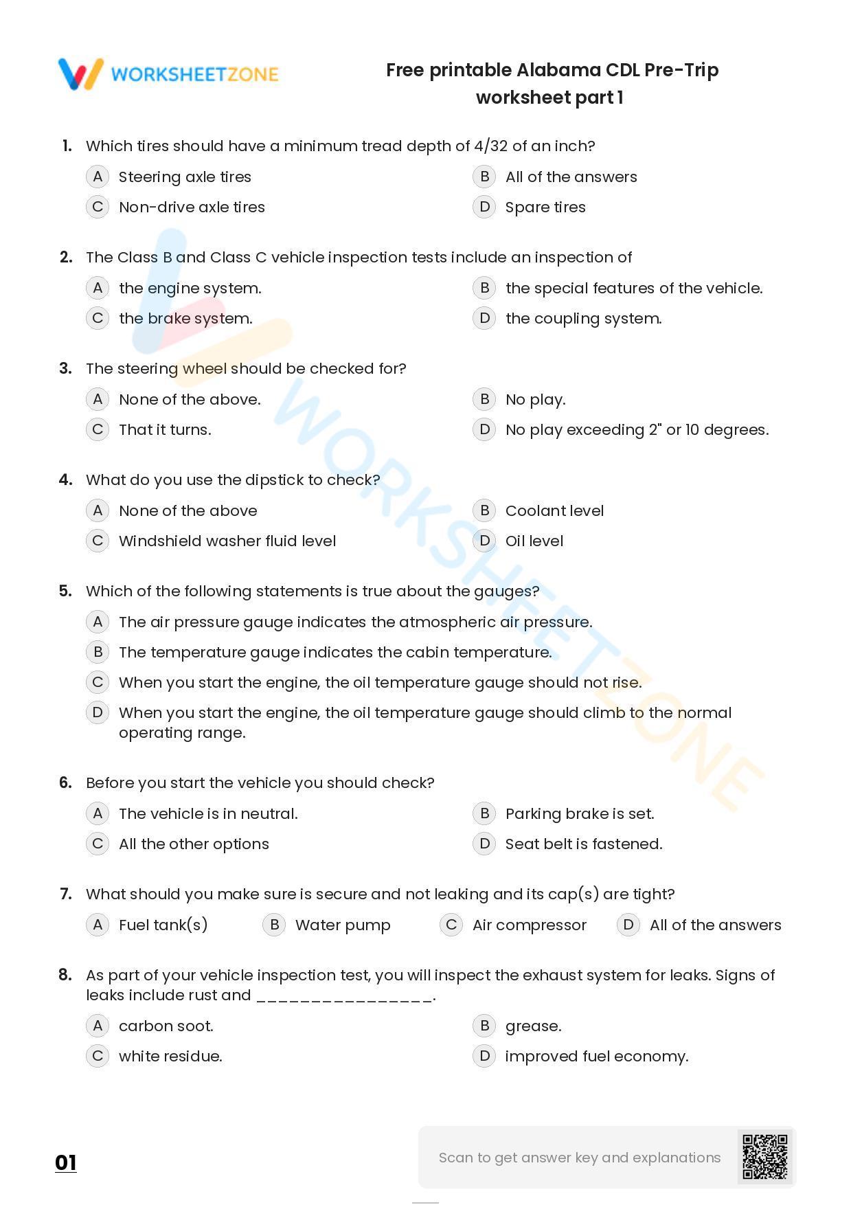 Free Printable Alabama CDL Pre-Trip Worksheet Part 1