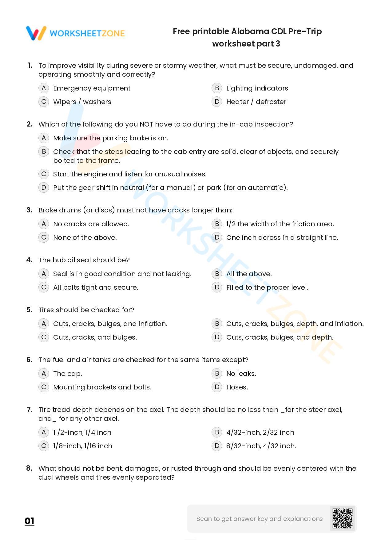 Free Printable Alabama CDL Pre-Trip Worksheet Part 3