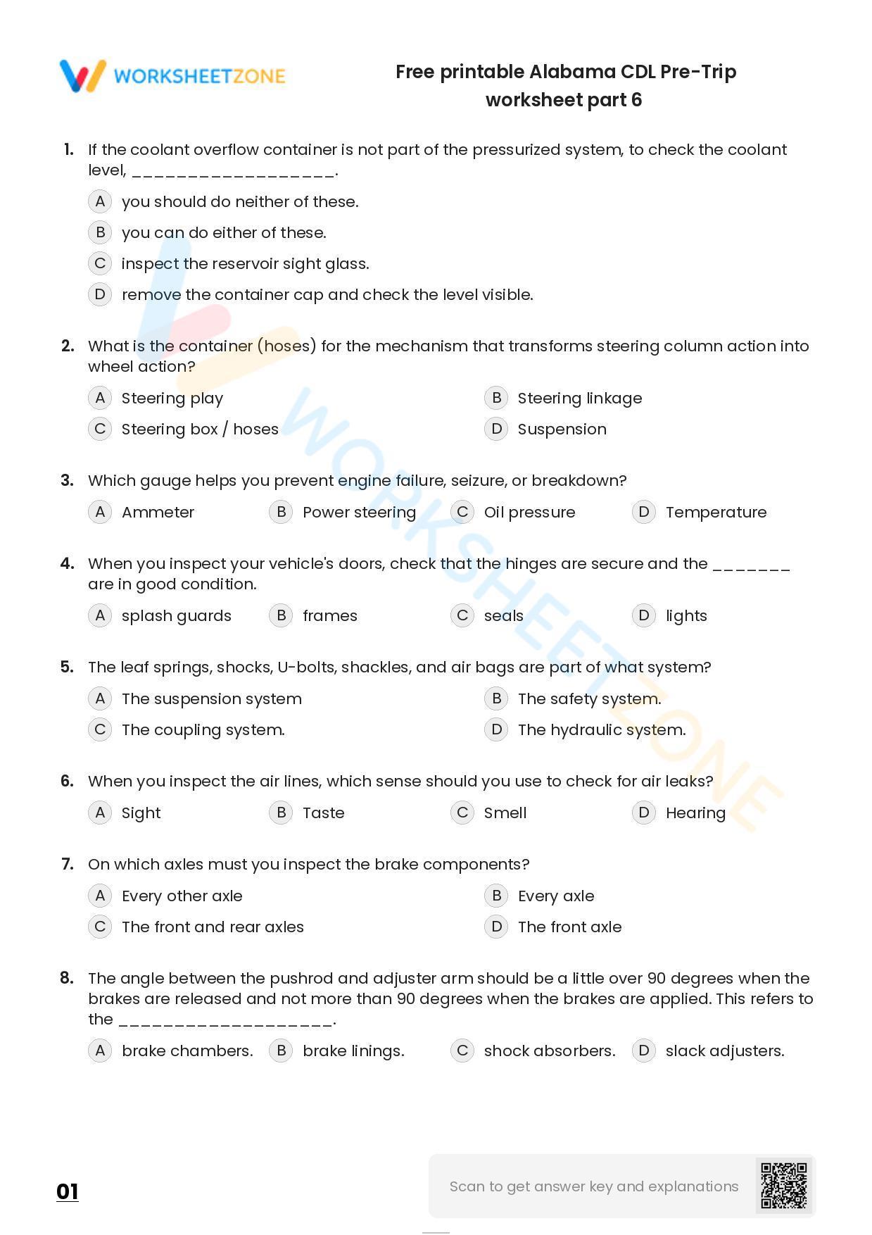 Free printable Alabama CDL Pre-Trip worksheet part 1 | Worksheet Zone