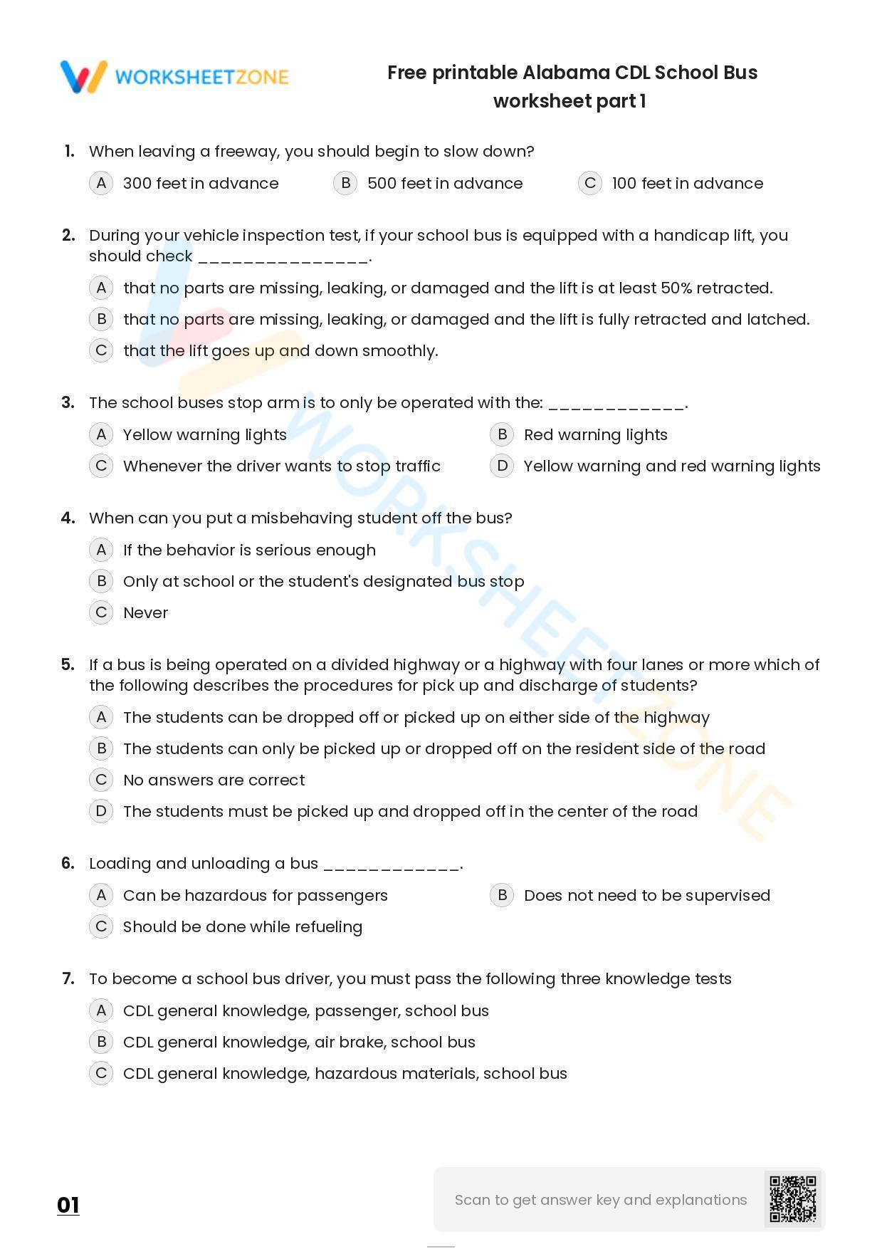 Free Printable Alabama CDL School Bus Worksheet Part 1