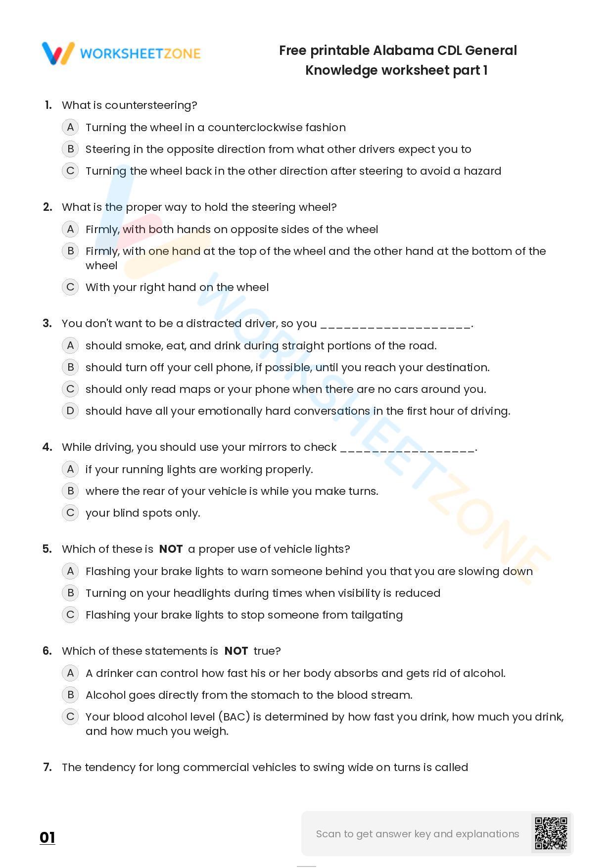 Free Printable Alabama CDL General Knowledge Worksheet Part 1