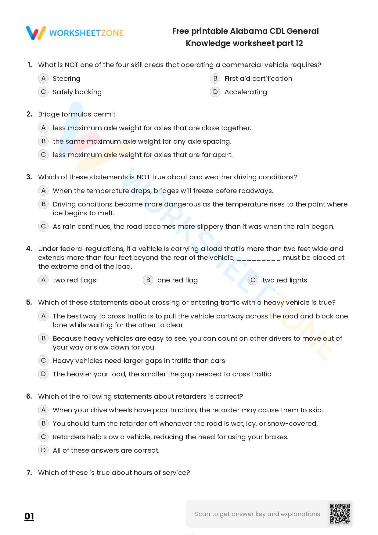 Free Printable Alabama CDL General Knowledge Worksheet Part 12