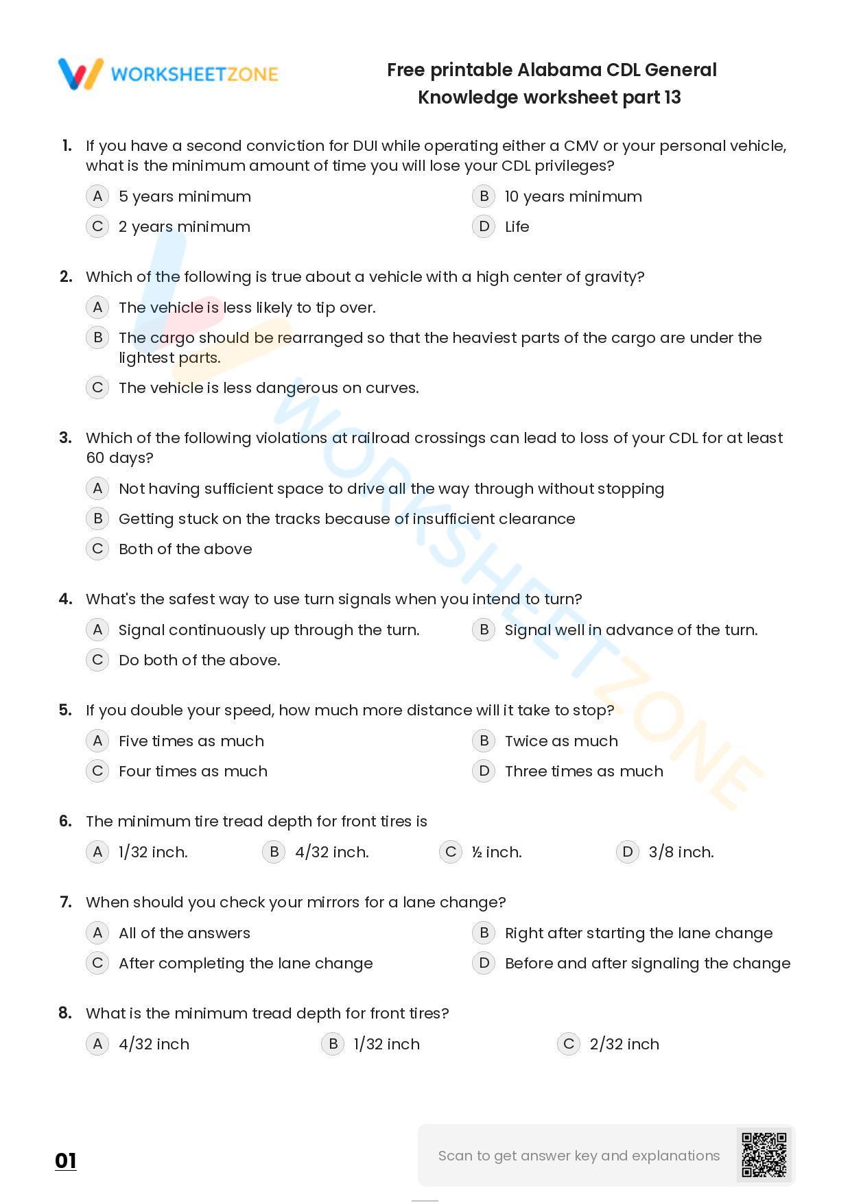 Free Printable Alabama CDL General Knowledge Worksheet Part 13