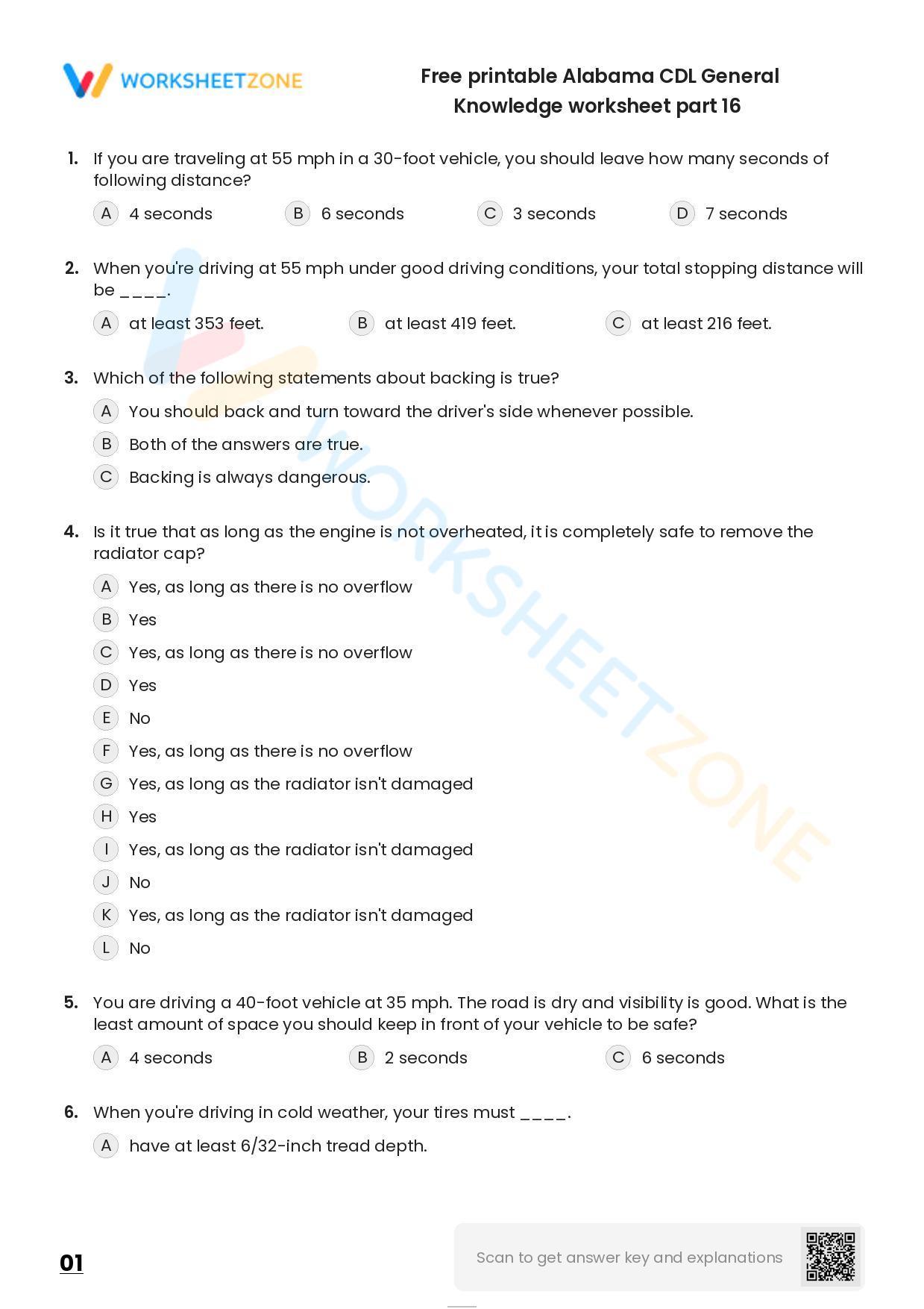 Free Printable Alabama CDL General Knowledge Worksheet Part 16