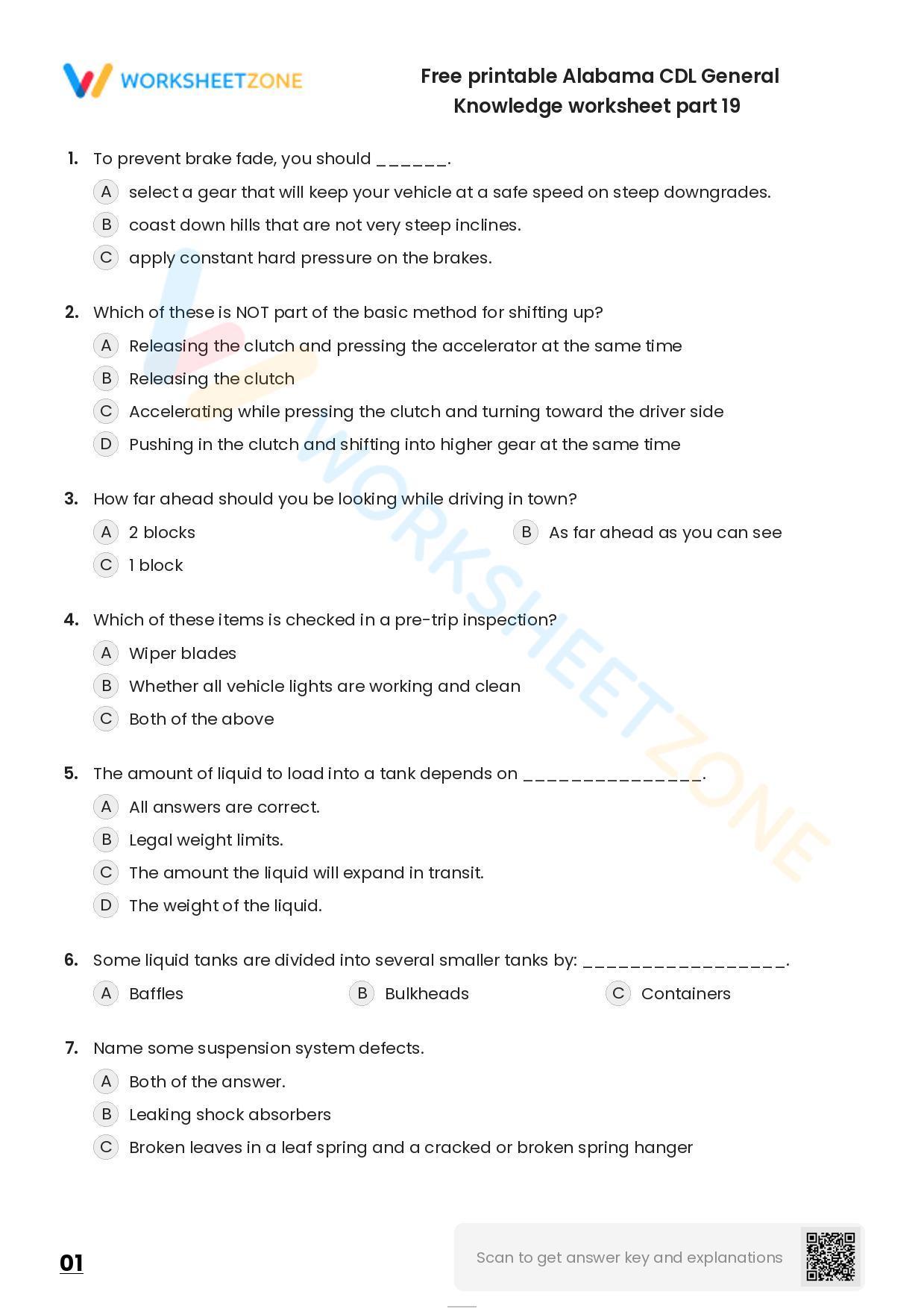 Free Printable Alabama CDL General Knowledge Worksheet Part 19