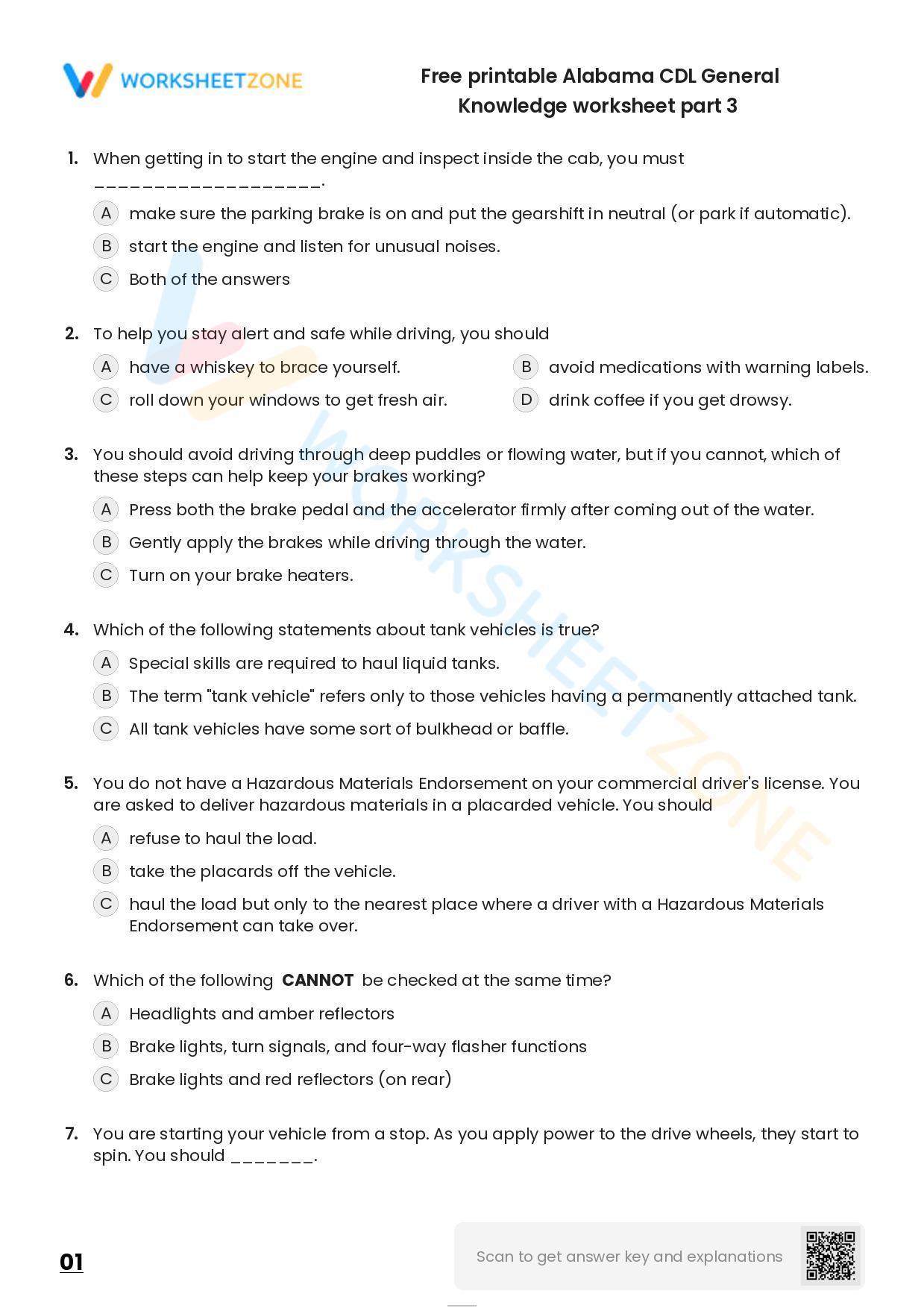 Free Printable Alabama CDL General Knowledge Worksheet Part 3