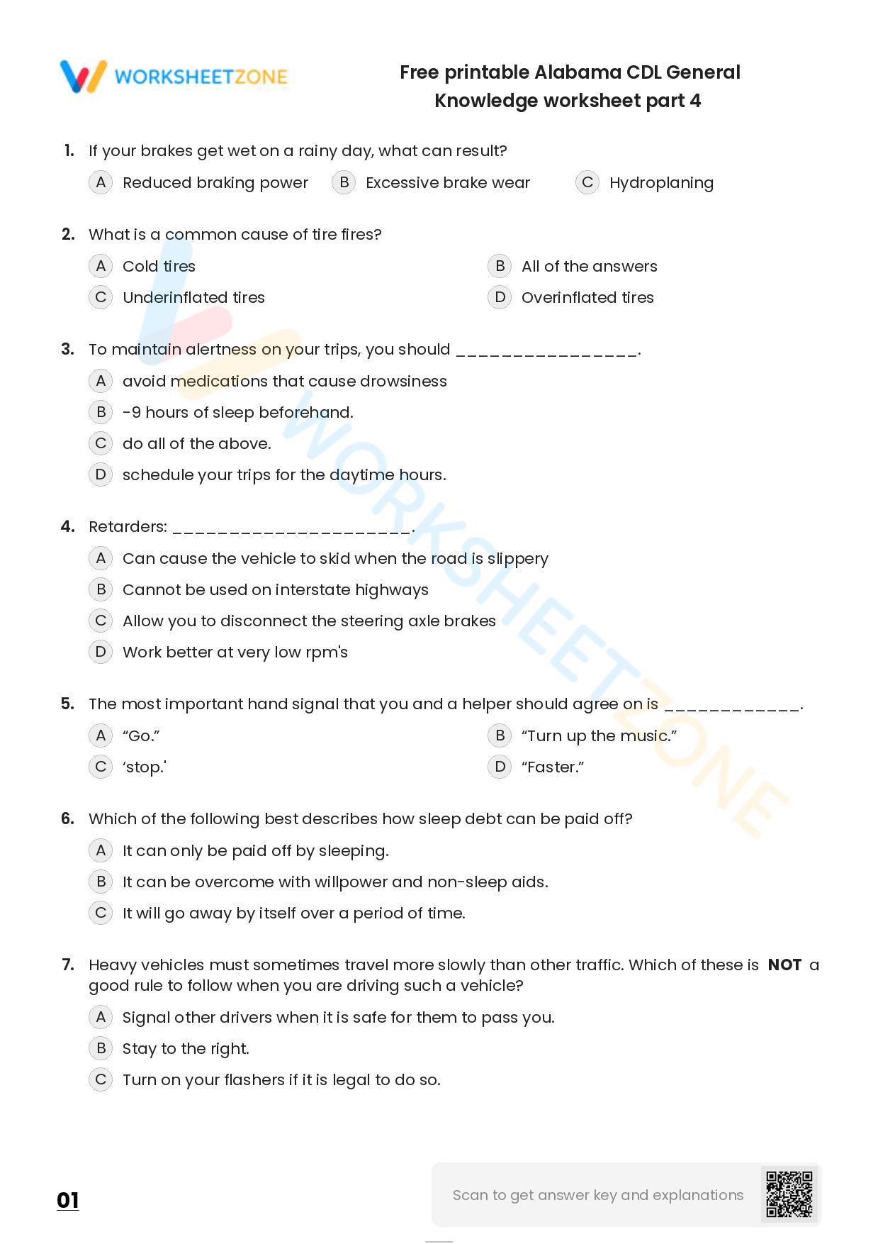 Free Printable Alabama CDL General Knowledge Worksheet Part 4