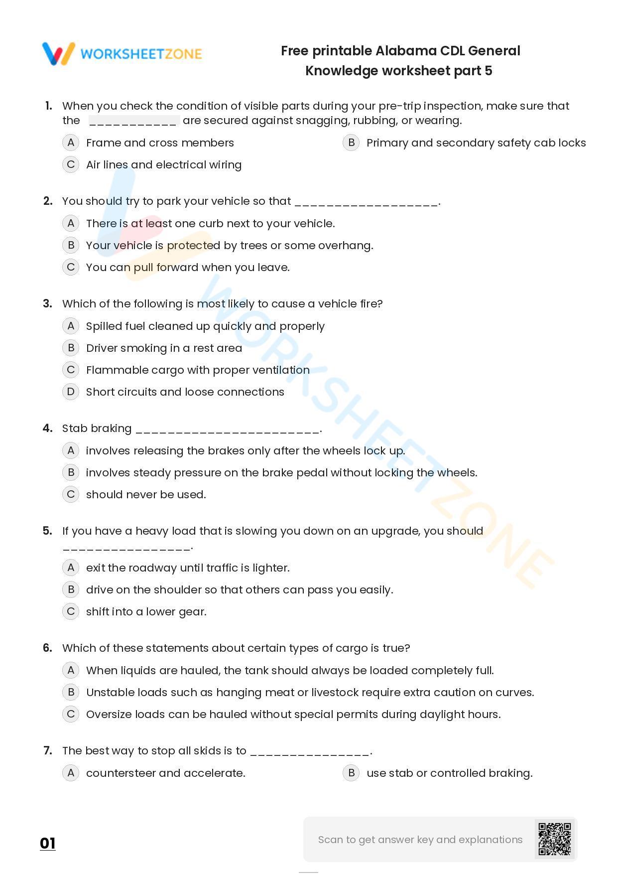 Free Printable Alabama Cdl General Knowledge Worksheet Part 5