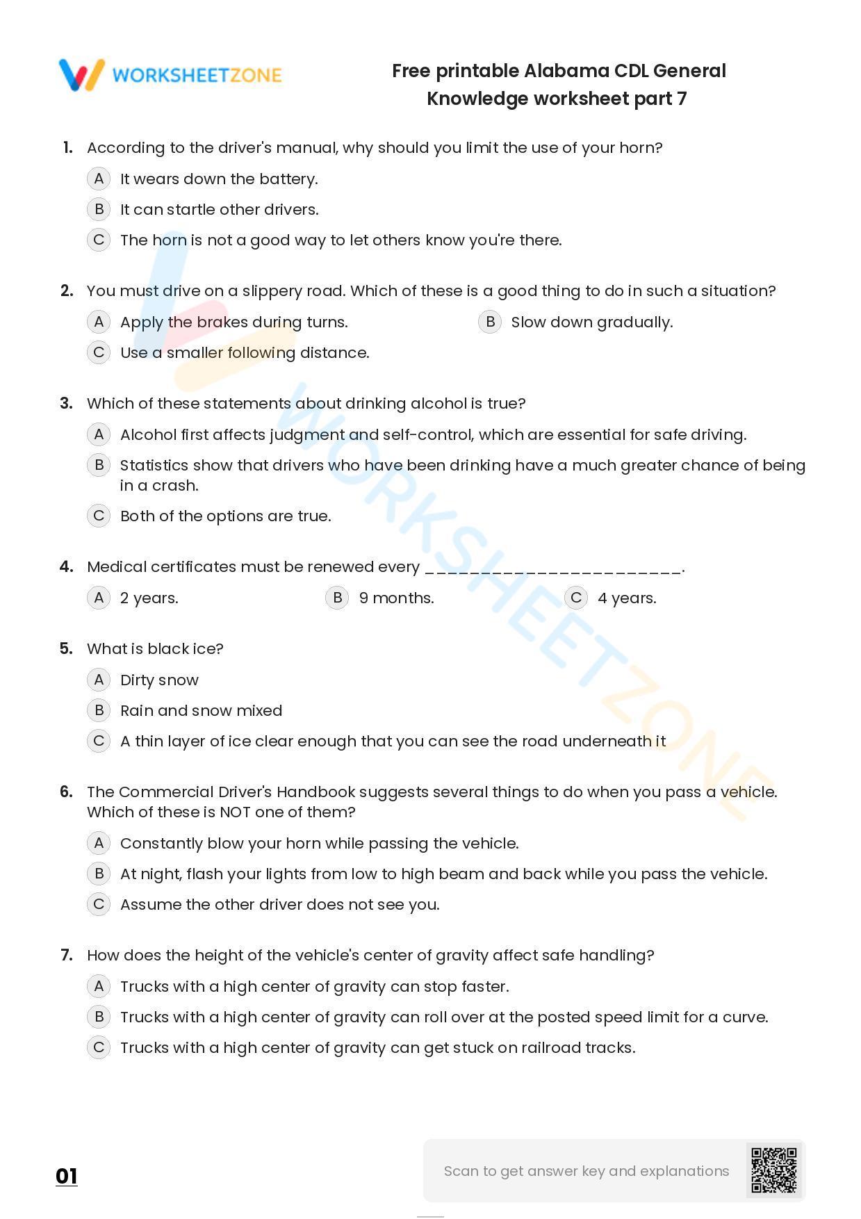 Free Printable Alabama CDL General Knowledge Worksheet Part 7