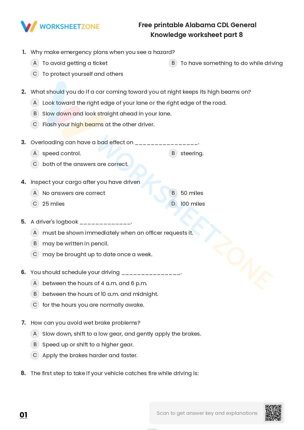 Free Printable Alabama CDL General Knowledge Worksheet Part 8