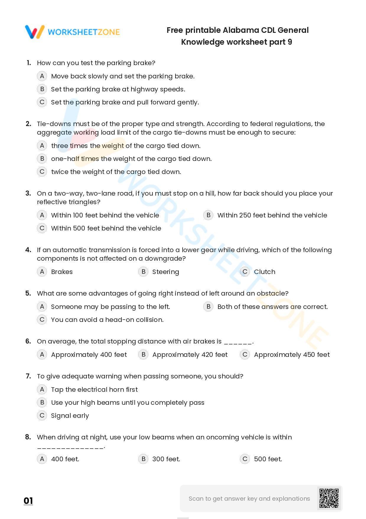 Free Printable Alabama CDL General Knowledge Worksheet Part 9