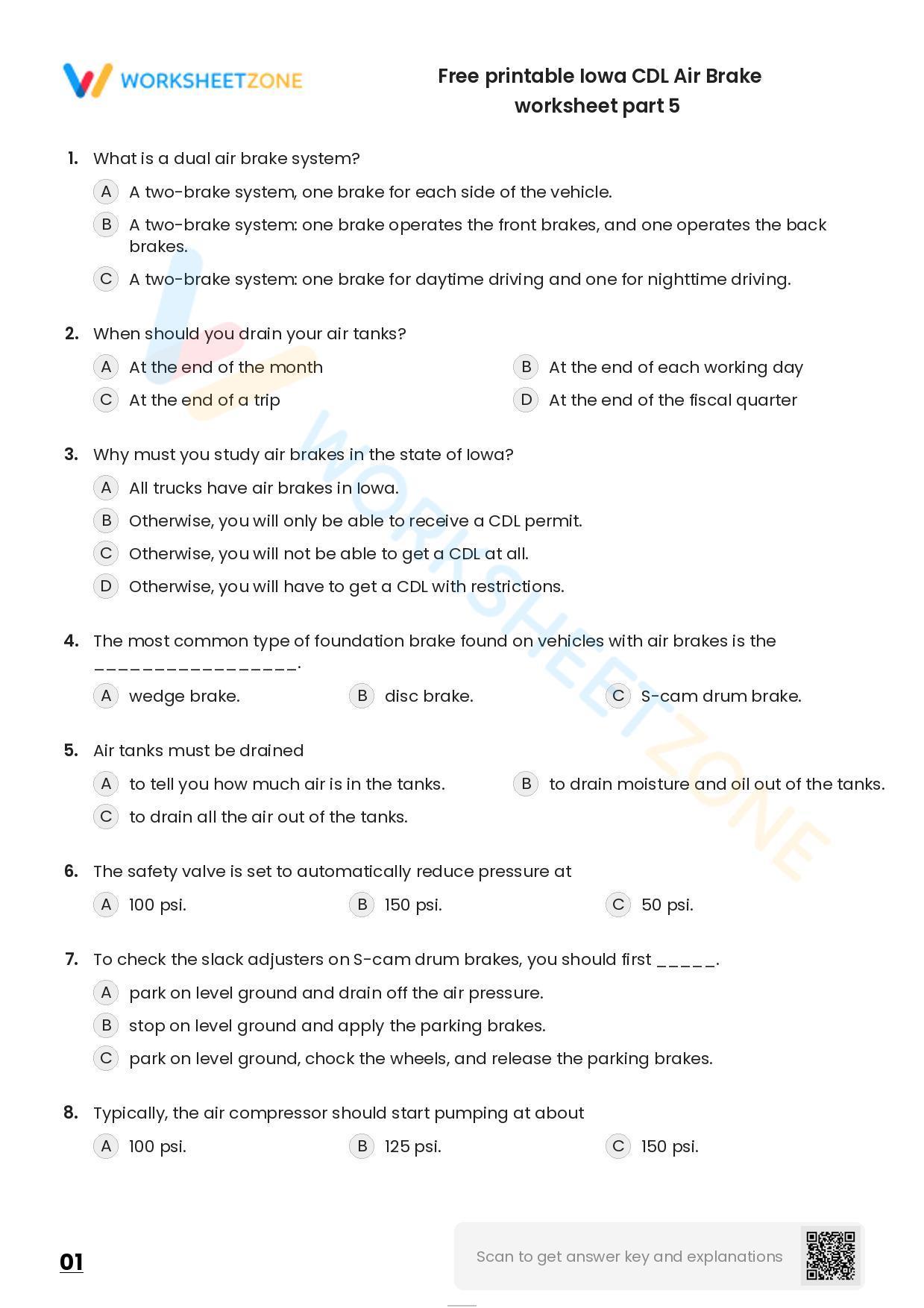 Free Printable Iowa CDL Air Brake Worksheet Part 5
