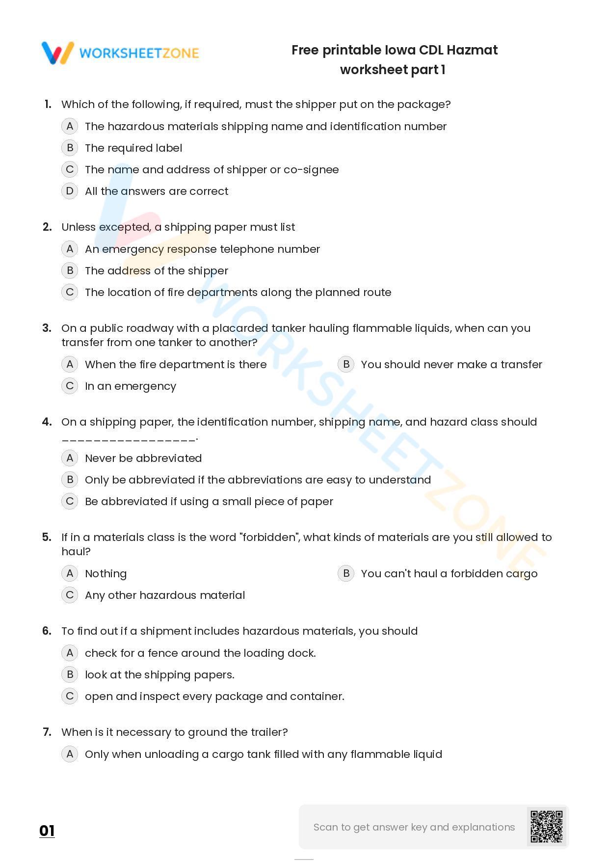 Free Printable Iowa CDL Hazmat Worksheet Part 1