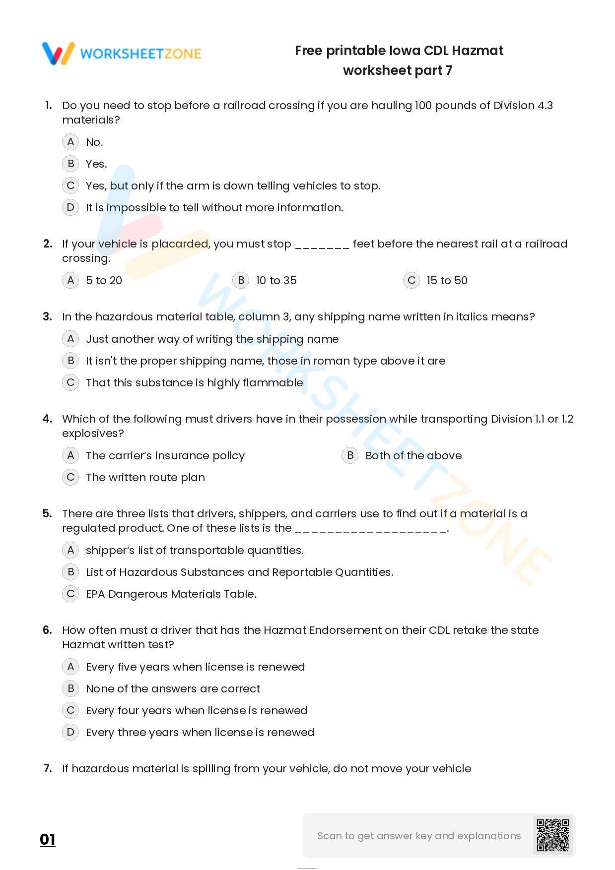 Free Printable Iowa CDL Hazmat Worksheet Part 7