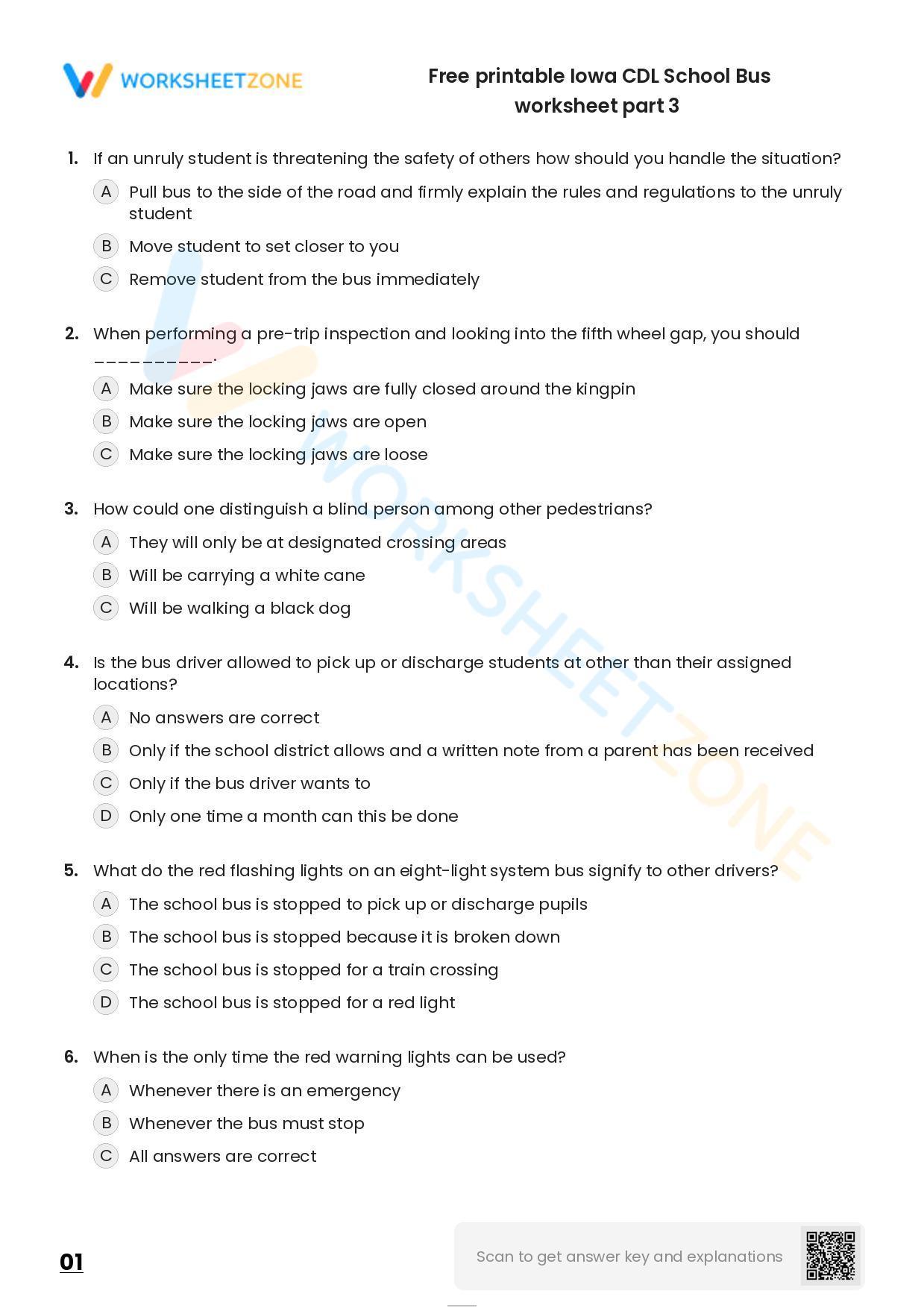 Free printable Iowa CDL School Bus worksheet part 7 | Worksheet Zone