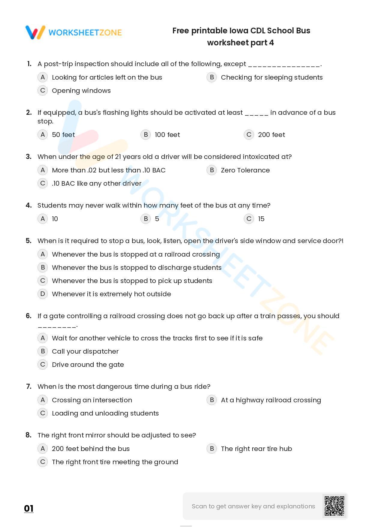 Free printable Iowa CDL School Bus worksheet part 7 | Worksheet Zone