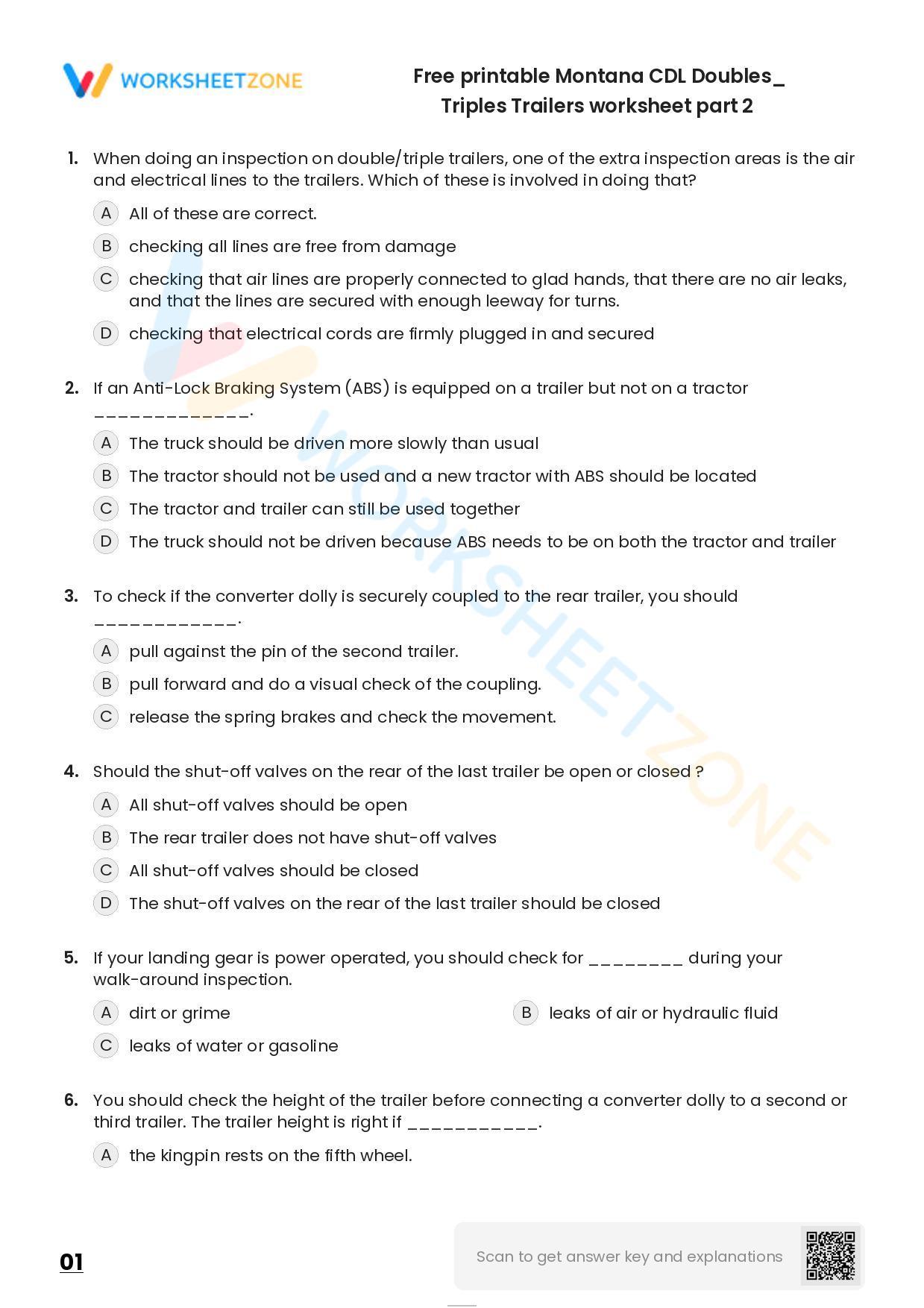 Free Printable Montana CDL Doubles/ Triples Trailers Worksheet Part 2