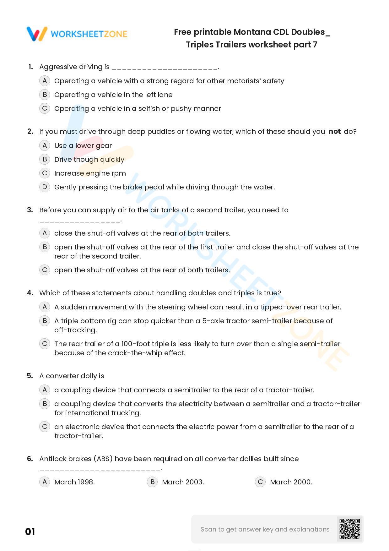 Free Printable Montana CDL Doubles/ Triples Trailers Worksheet Part 7