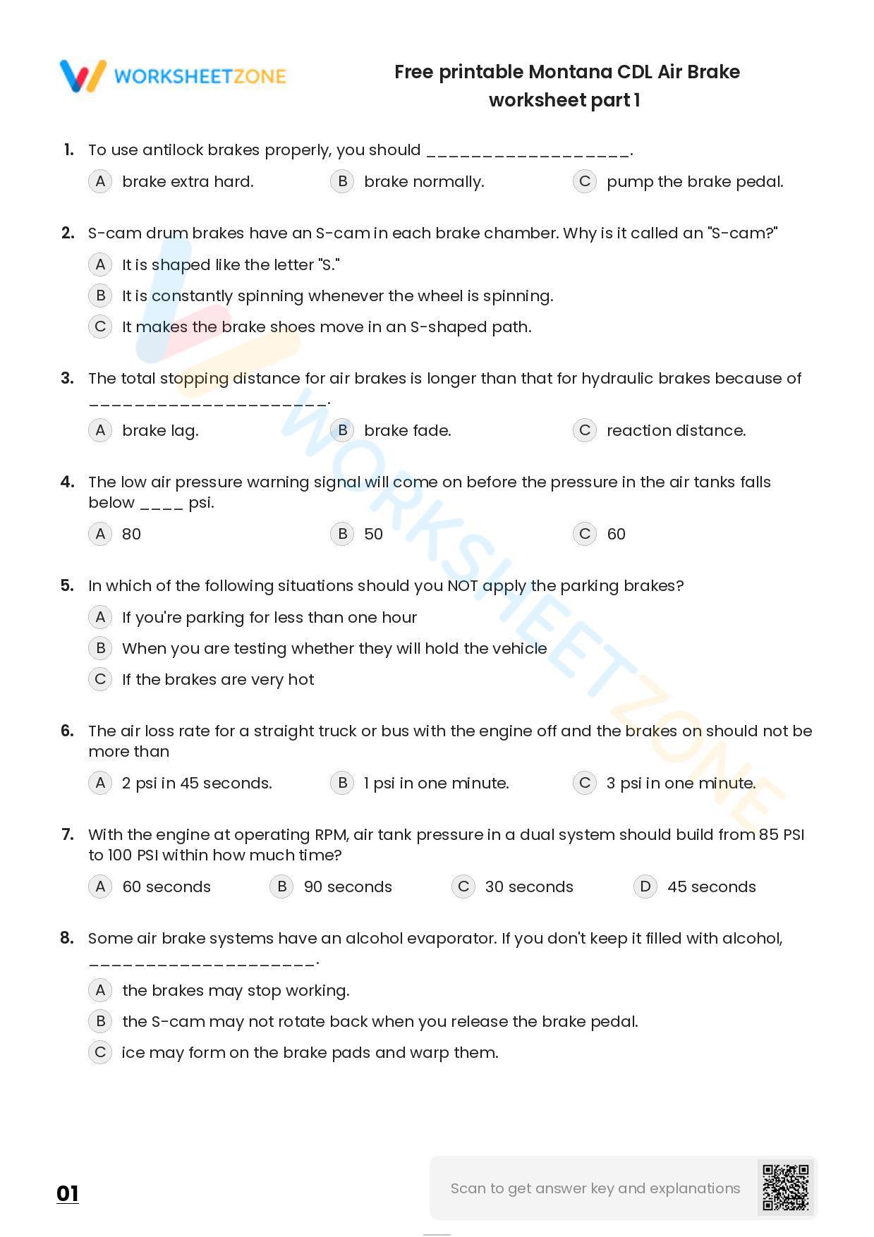 Free printable Montana CDL Air Brake worksheet part 2 | Worksheet Zone
