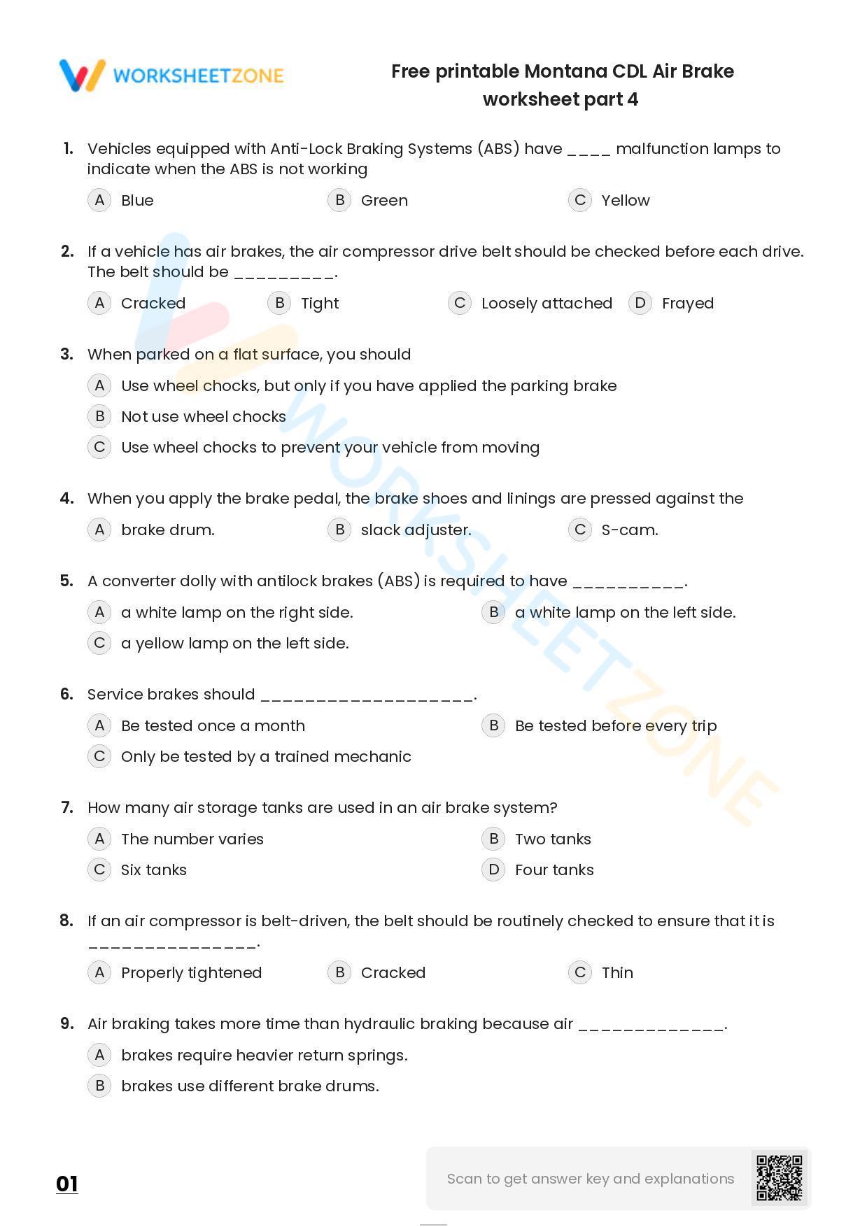 Free Printable Montana CDL Air Brake Worksheet Part 4