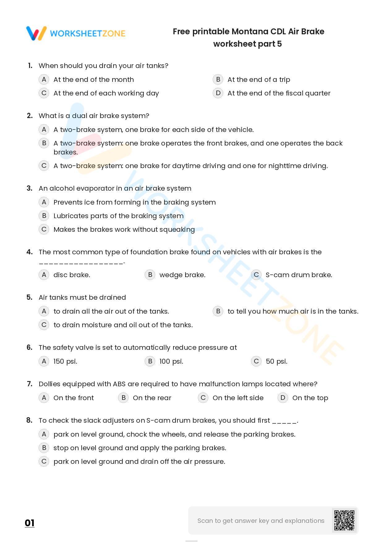 Free printable Montana CDL Air Brake worksheet part 6 | Worksheet Zone