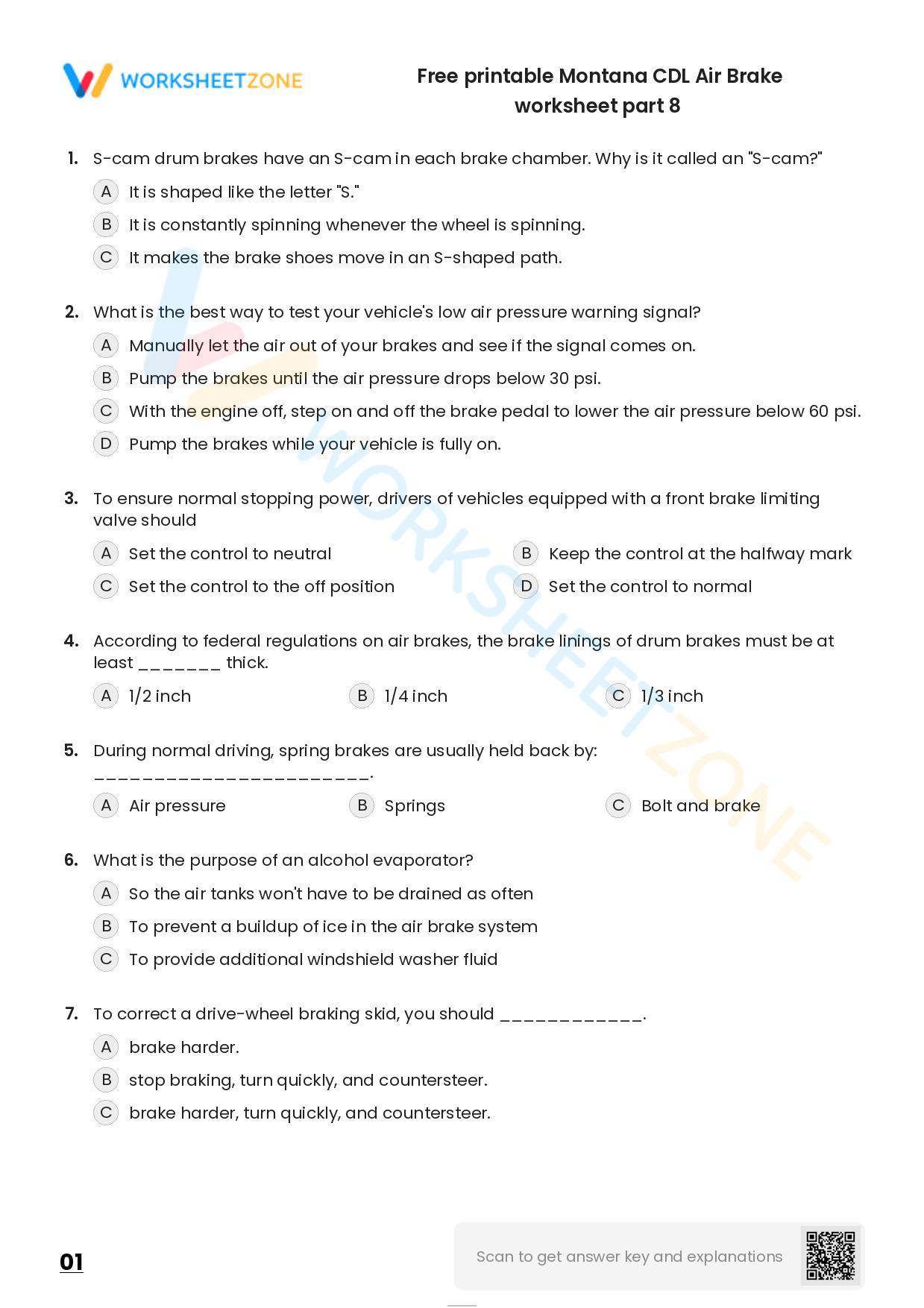 Free printable Montana CDL Air Brake worksheet part 6 | Worksheet Zone