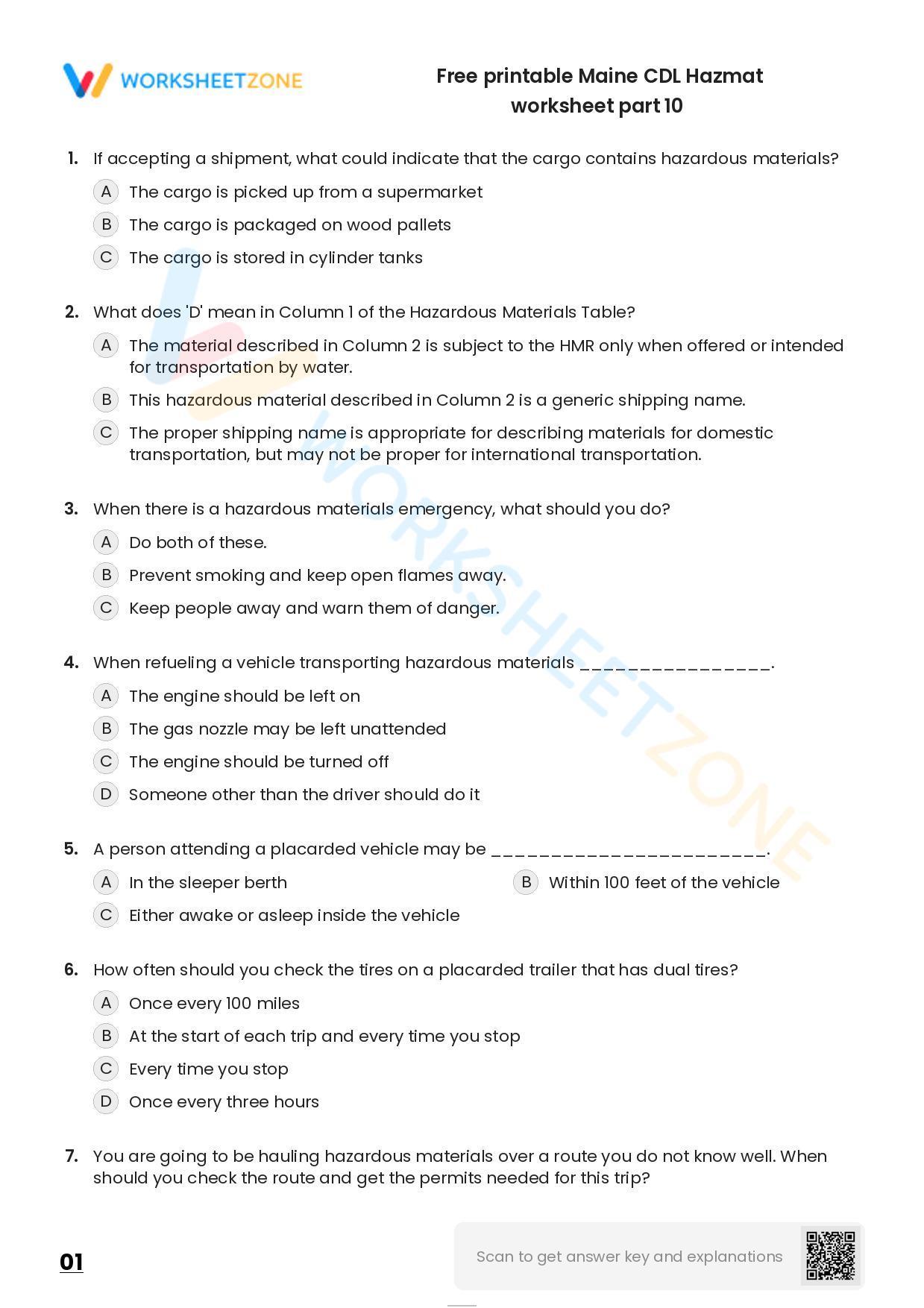 Free printable Maine CDL Hazmat worksheet part 5 | Worksheet Zone