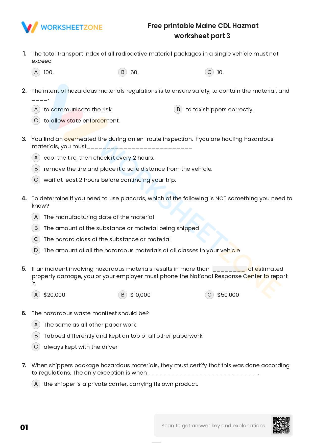 Free printable Maine CDL Hazmat worksheet part 5 | Worksheet Zone