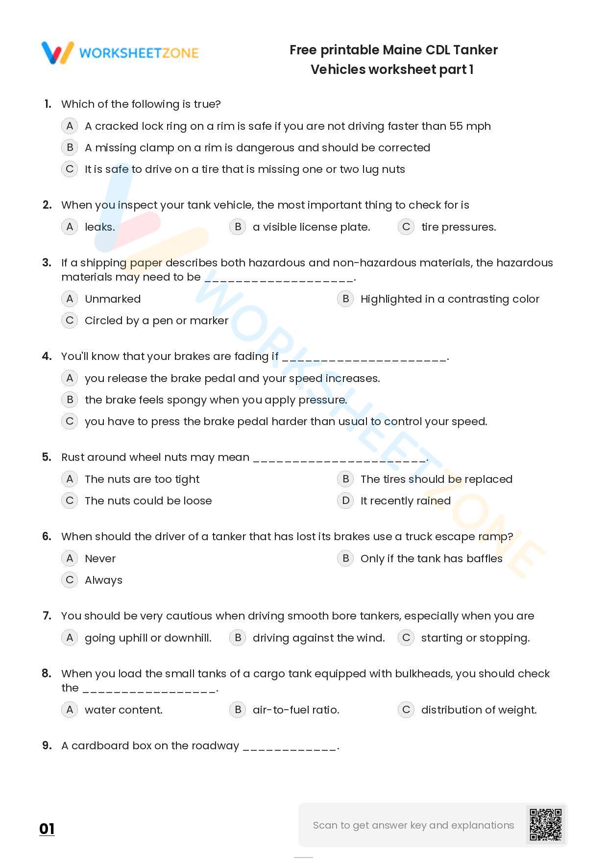 Free printable Maine CDL Tanker Vehicles worksheet part 7 | Worksheet Zone
