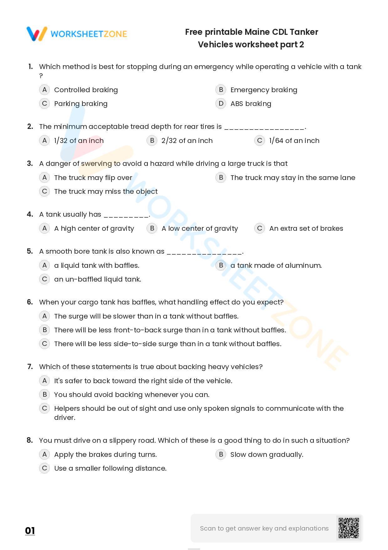 Free Printable Maine CDL Tanker Vehicles Worksheet Part 2