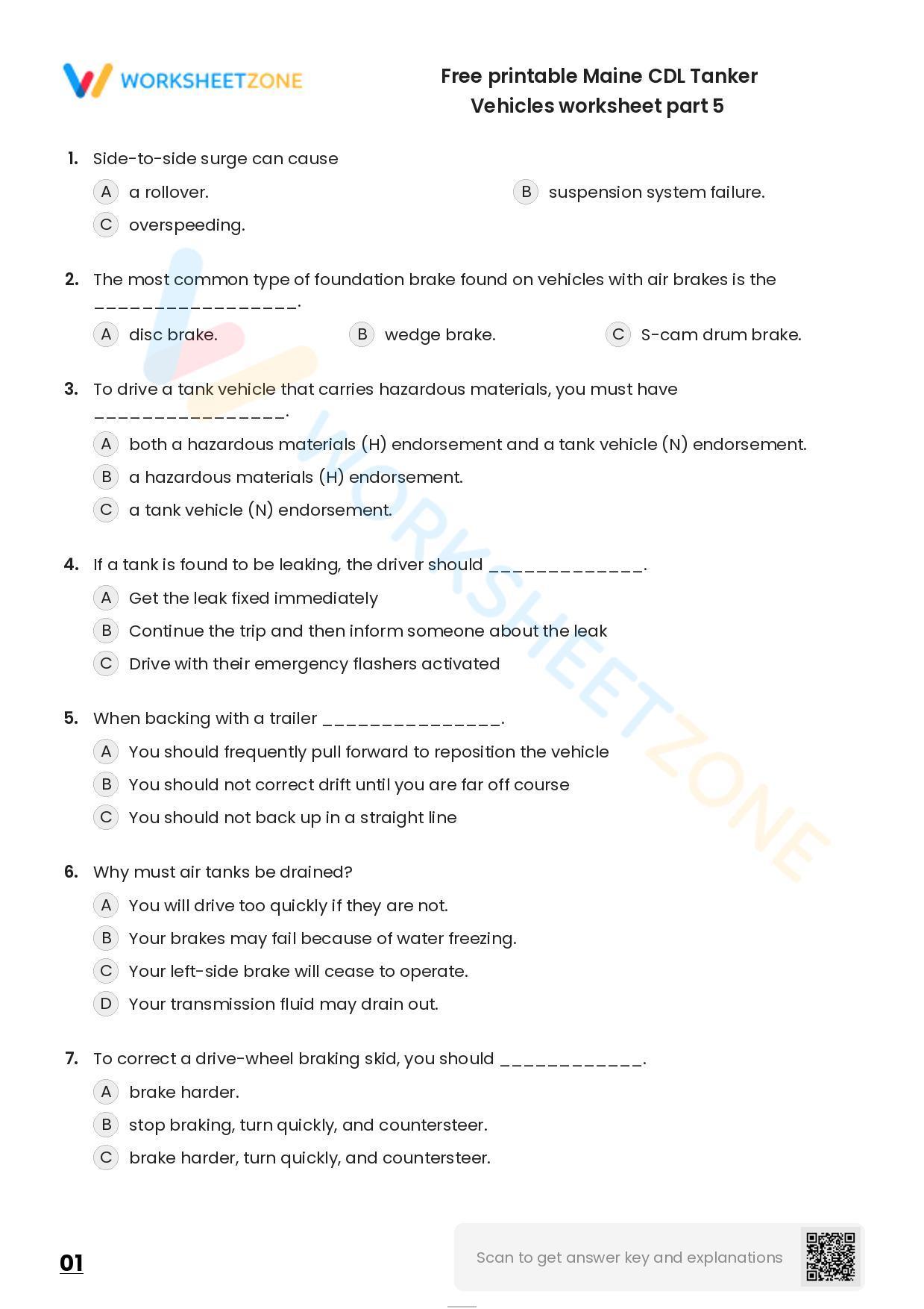 Free printable Maine CDL Tanker Vehicles worksheet part 7 | Worksheet Zone