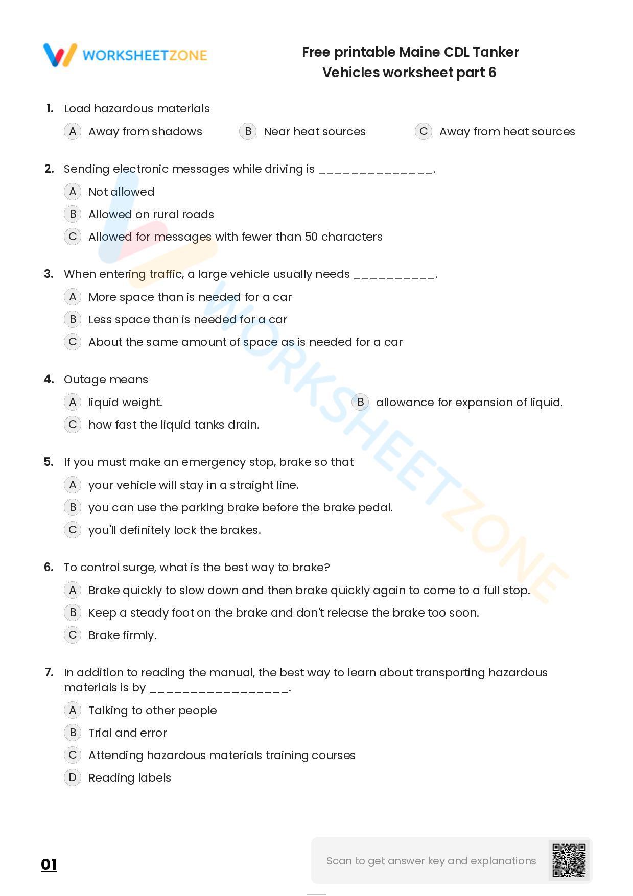 Free Printable Maine CDL Tanker Vehicles Worksheet Part 6