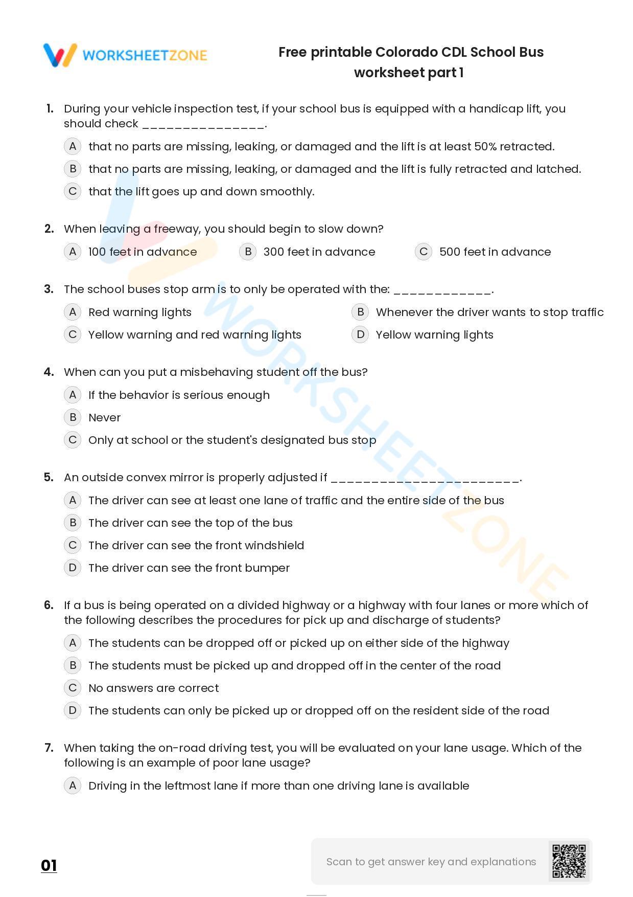 Free printable Colorado CDL School Bus worksheet part 3 | Worksheet Zone