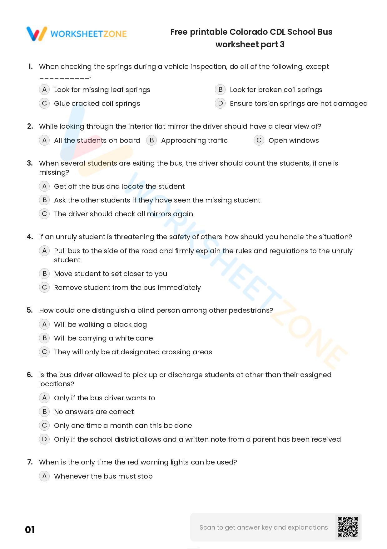 Free printable Colorado CDL School Bus worksheet part 3 | Worksheetzone