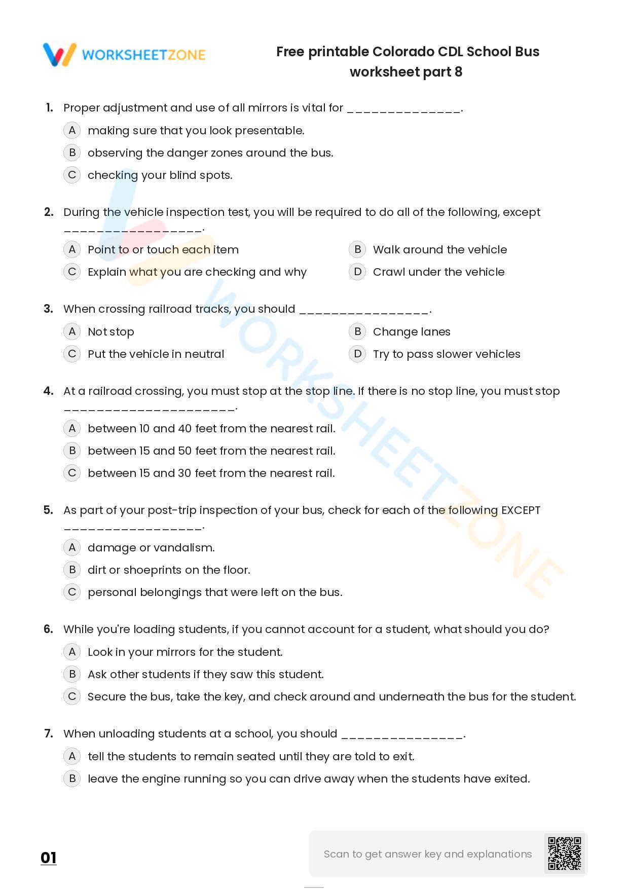 Free printable Colorado CDL School Bus worksheet part 2 | Worksheet Zone