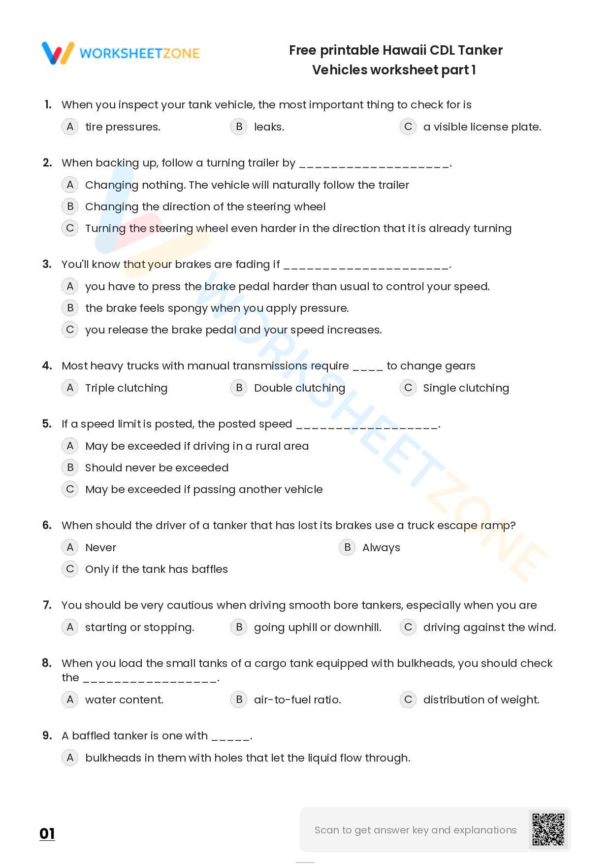 Free Printable Hawaii CDL Tanker Vehicles Worksheet Part 1