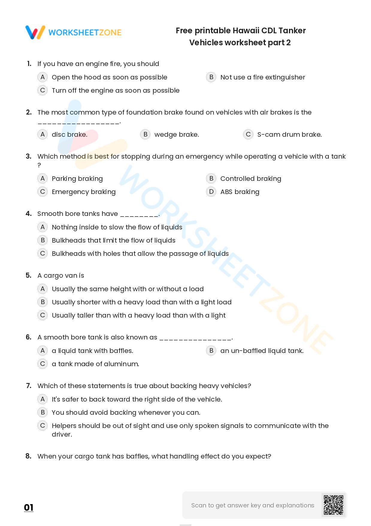 Free Printable Hawaii CDL Tanker Vehicles Worksheet Part 2