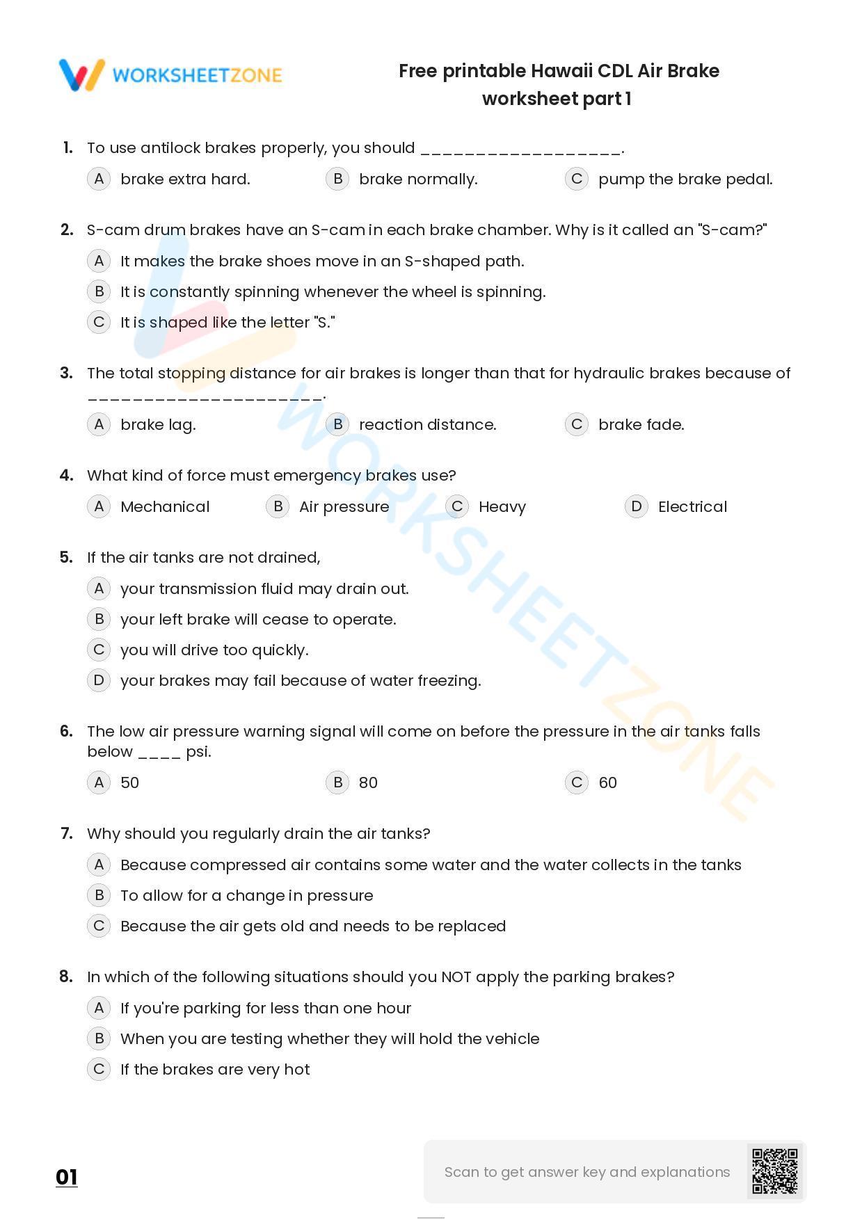 Free printable Hawaii CDL Air Brake worksheet part 11 | Worksheet Zone