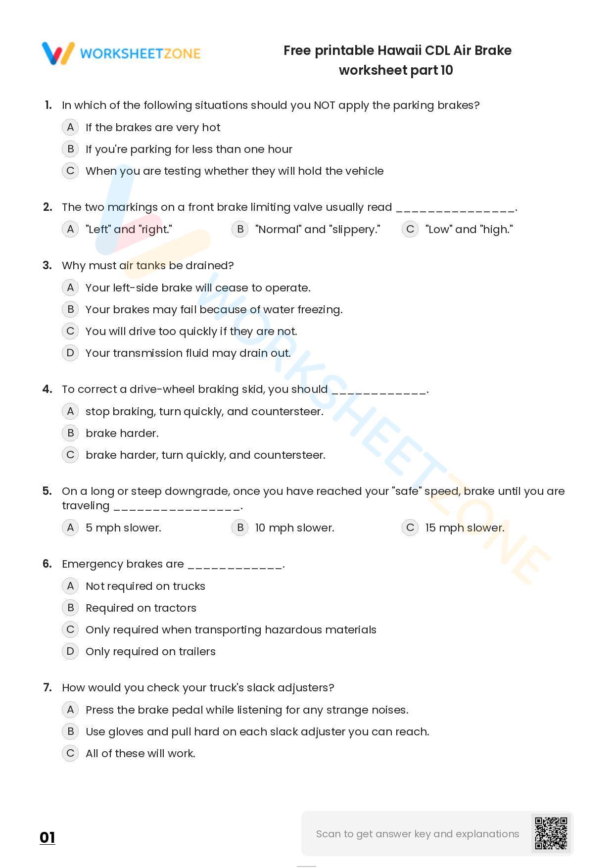 Free Printable Hawaii CDL Air Brake Worksheet Part 10