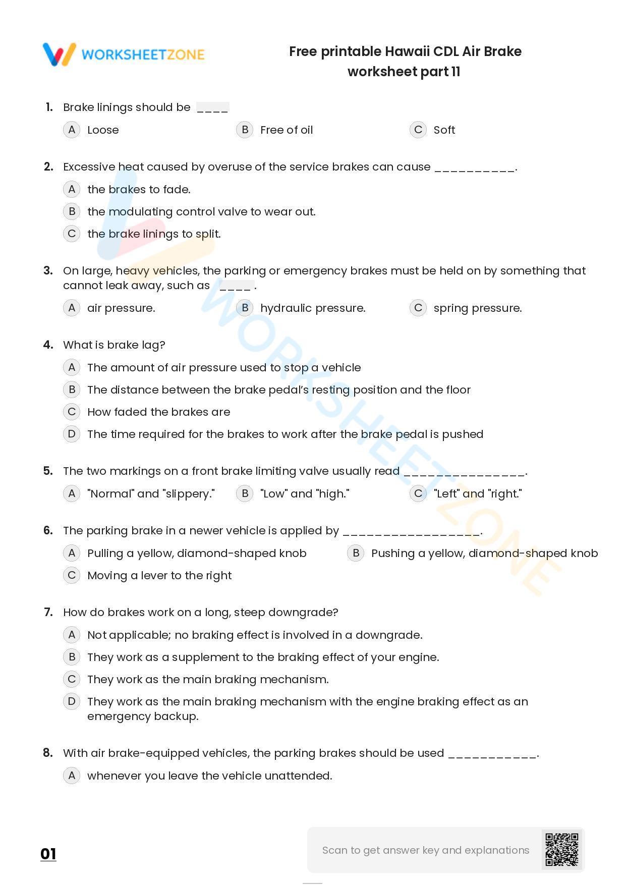 Free printable Hawaii CDL Air Brake worksheet part 8 | Worksheet Zone