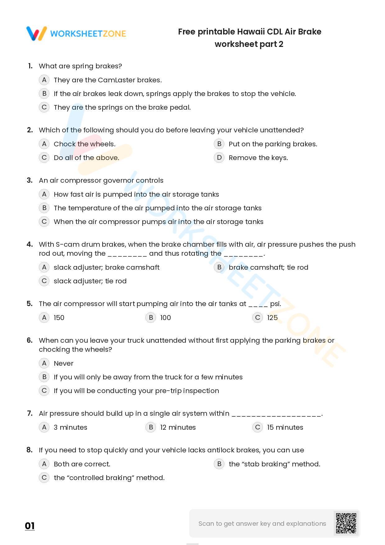 Free printable Hawaii CDL Air Brake worksheet part 8 | Worksheet Zone