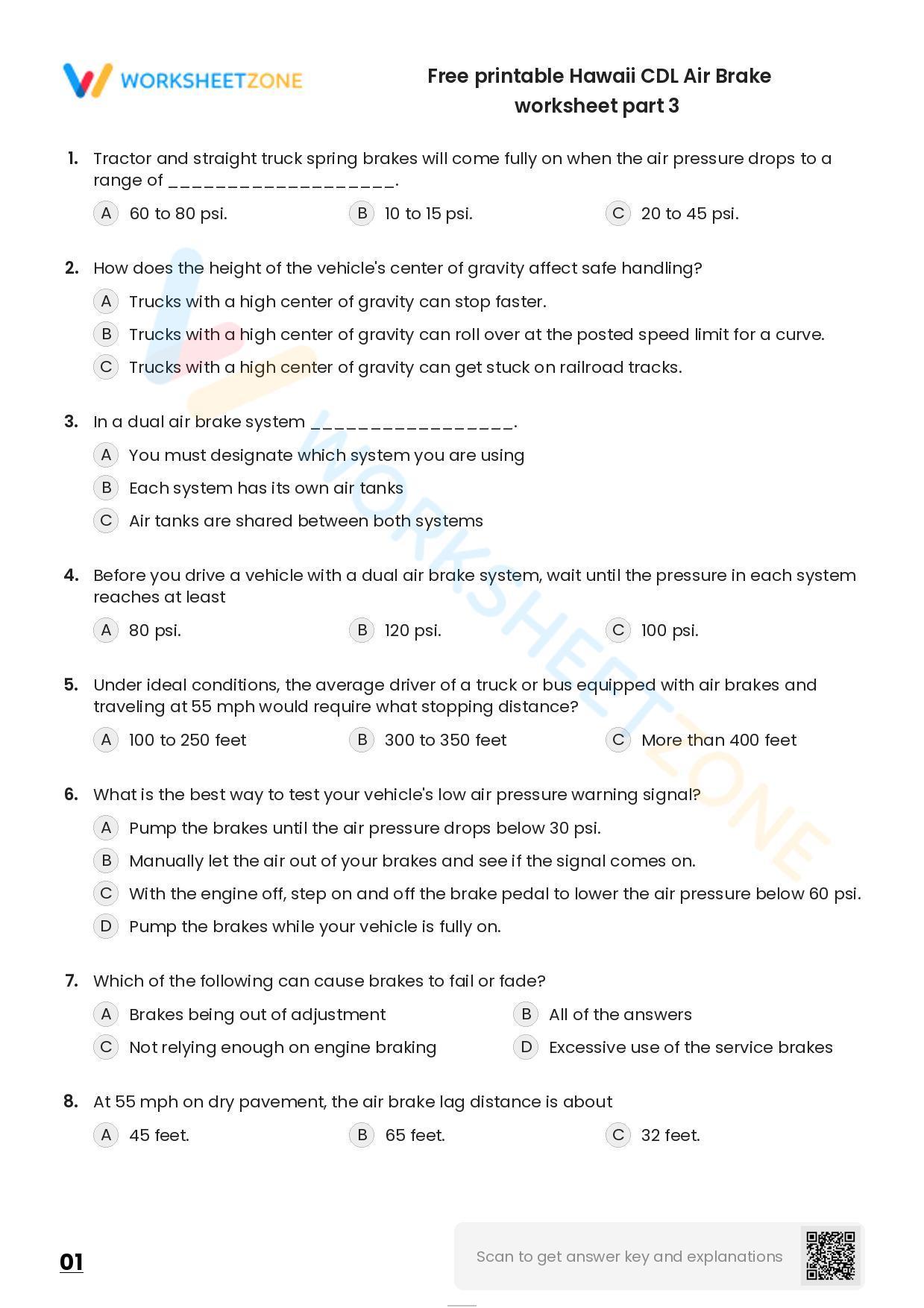 Free printable Hawaii CDL Air Brake worksheet part 11 | Worksheet Zone