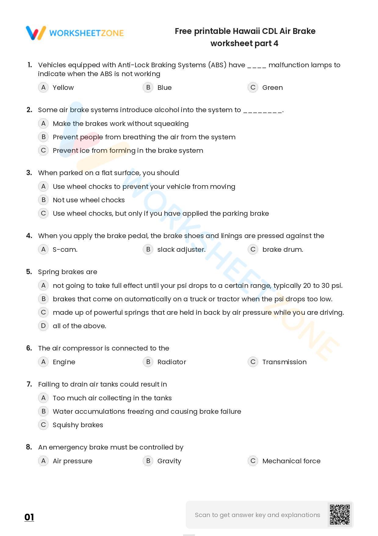 Free printable Hawaii CDL Air Brake worksheet part 11 | Worksheet Zone