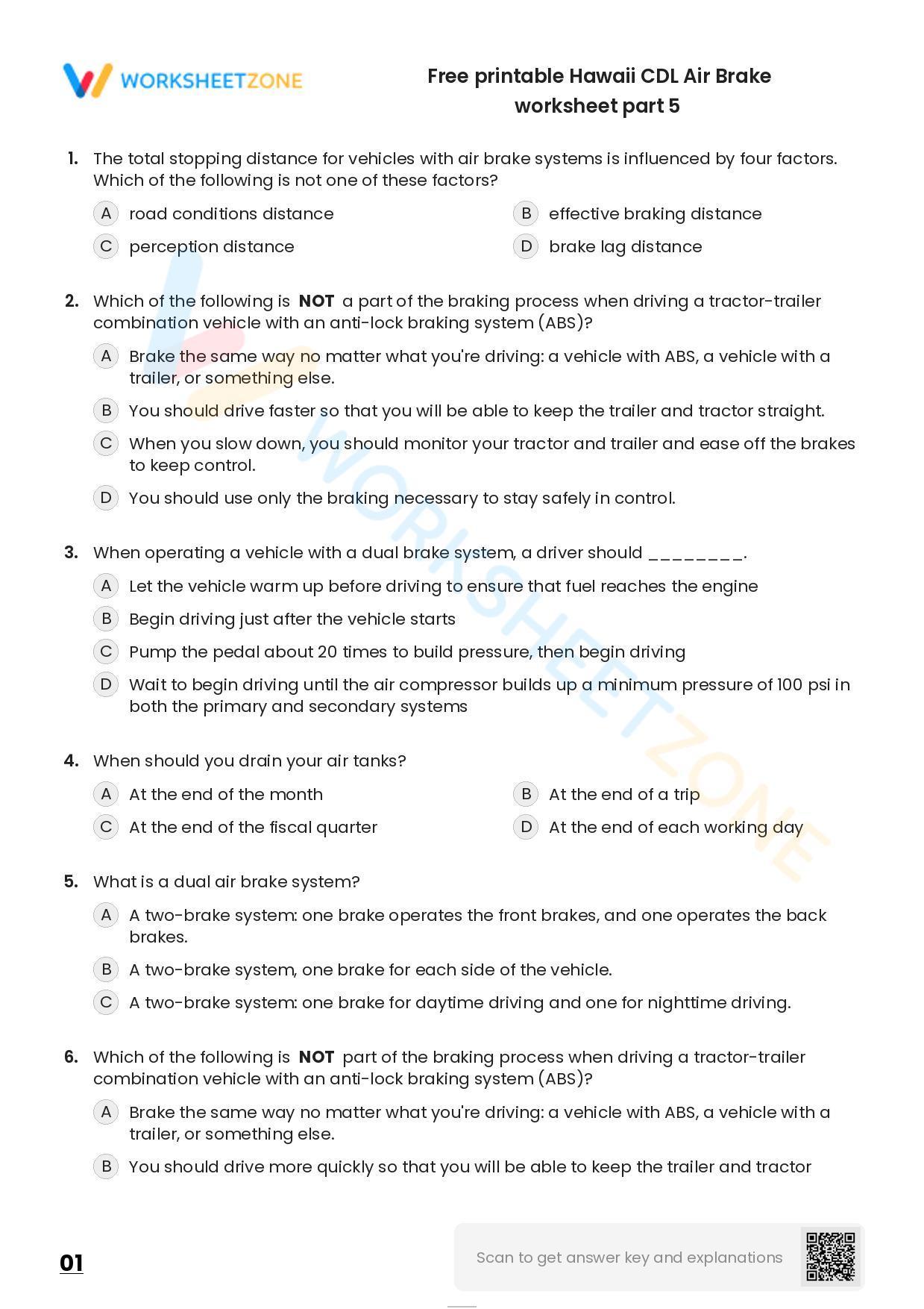 Free printable Hawaii CDL Air Brake worksheet part 11 | Worksheet Zone