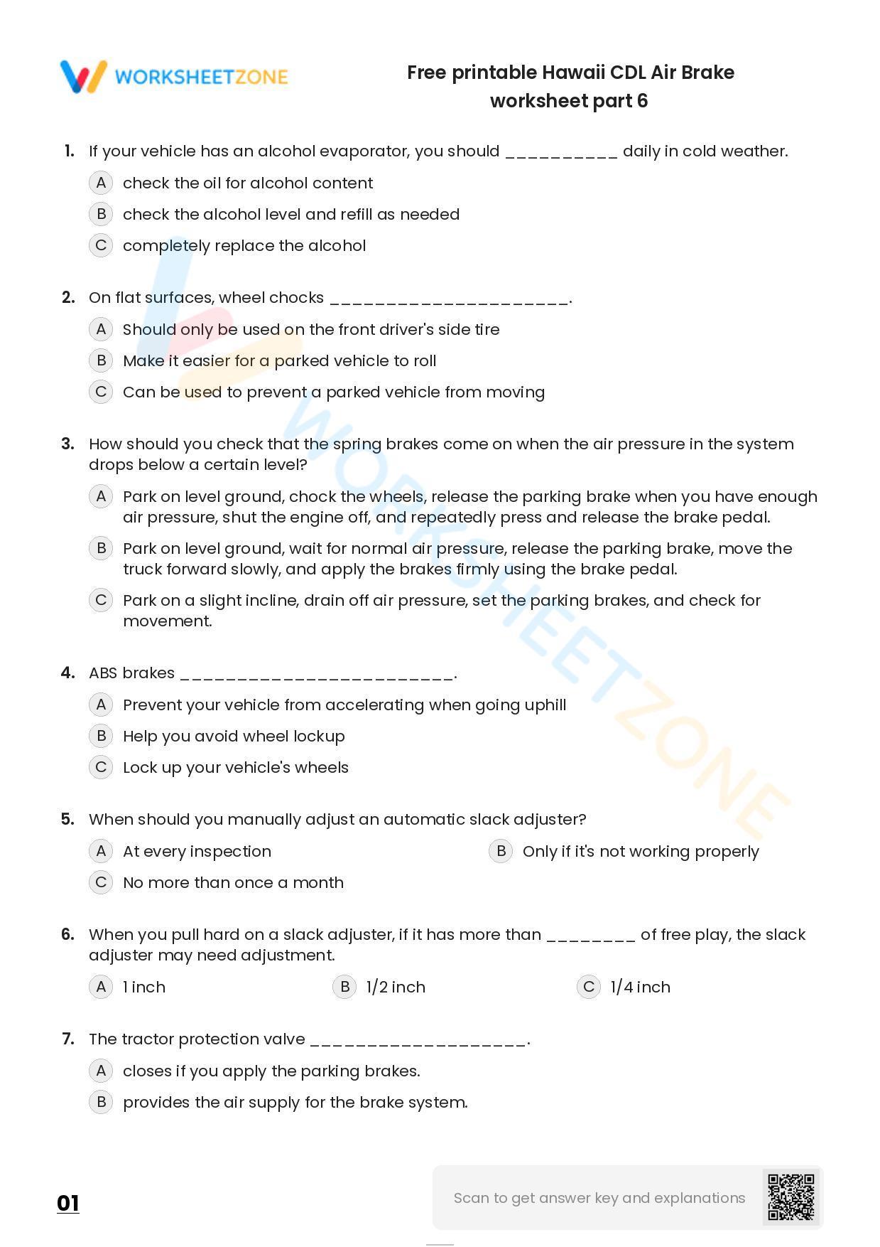 Free printable Hawaii CDL Air Brake worksheet part 11 | Worksheet Zone