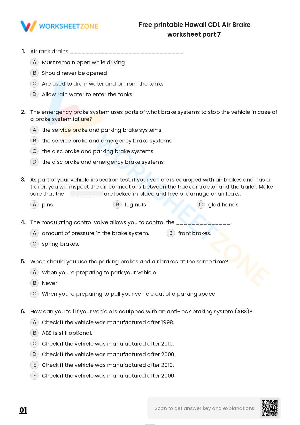 Free printable Hawaii CDL Air Brake worksheet part 8 | Worksheet Zone