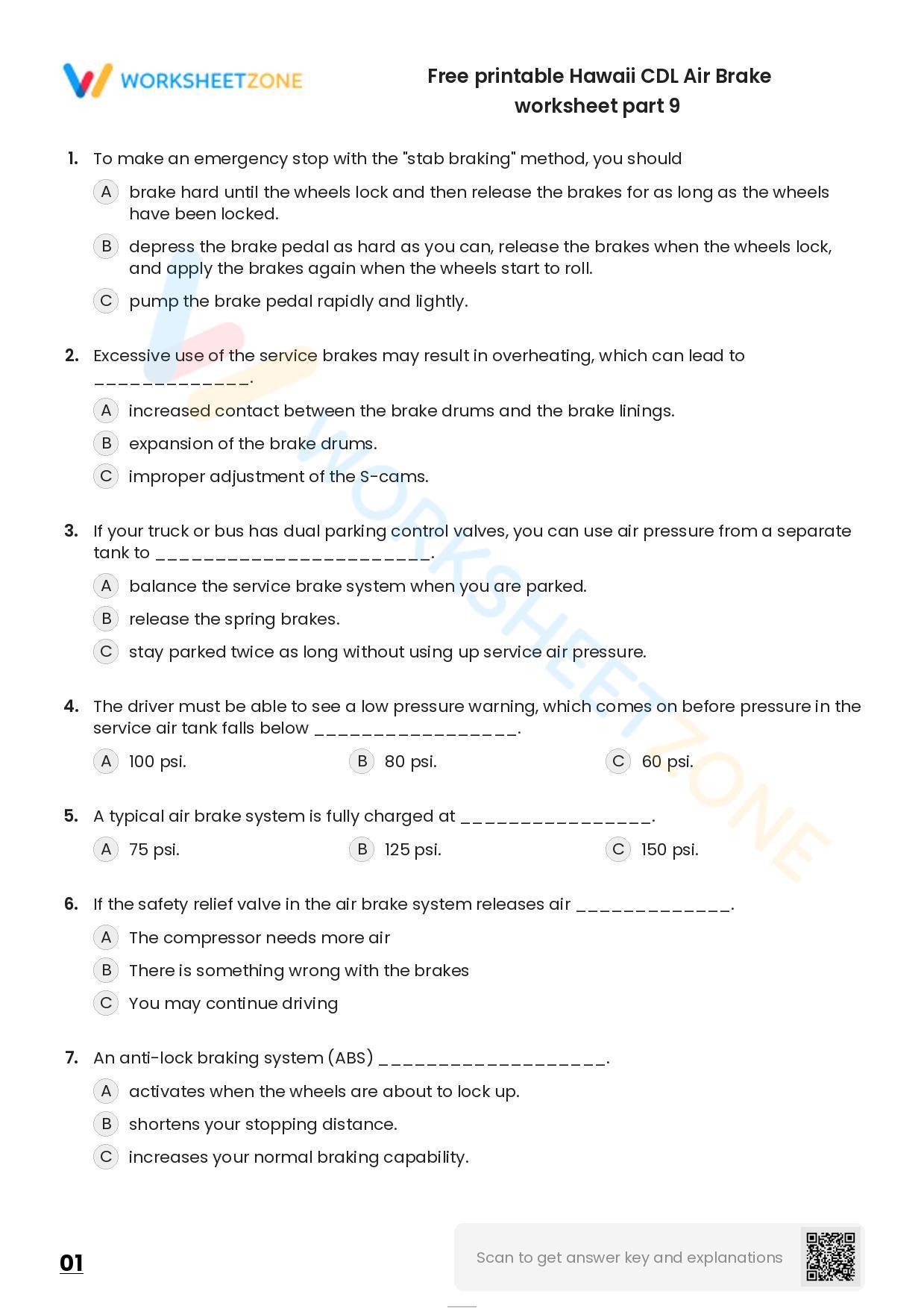 Free printable Hawaii CDL Air Brake worksheet part 11 | Worksheet Zone