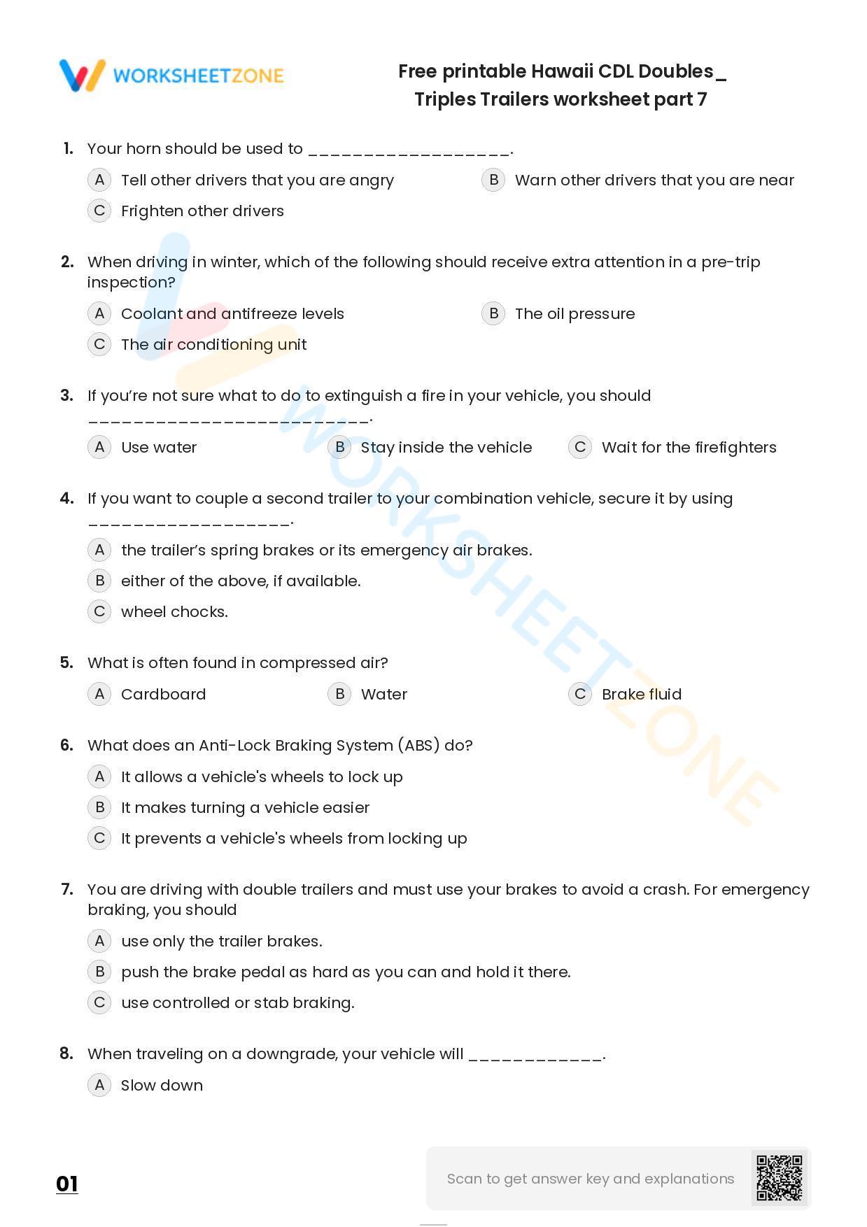 Free Printable Hawaii CDL Doubles/ Triples Trailers Worksheet Part 7