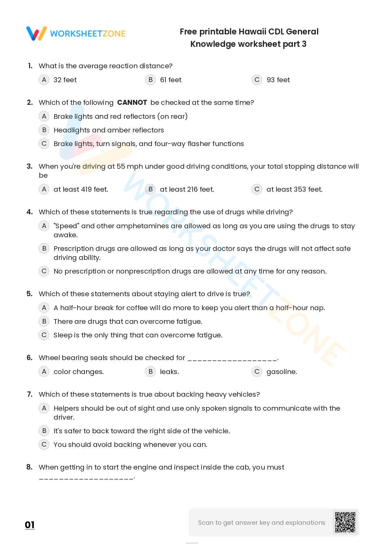Free Printable Hawaii CDL General Knowledge Worksheet Part 3